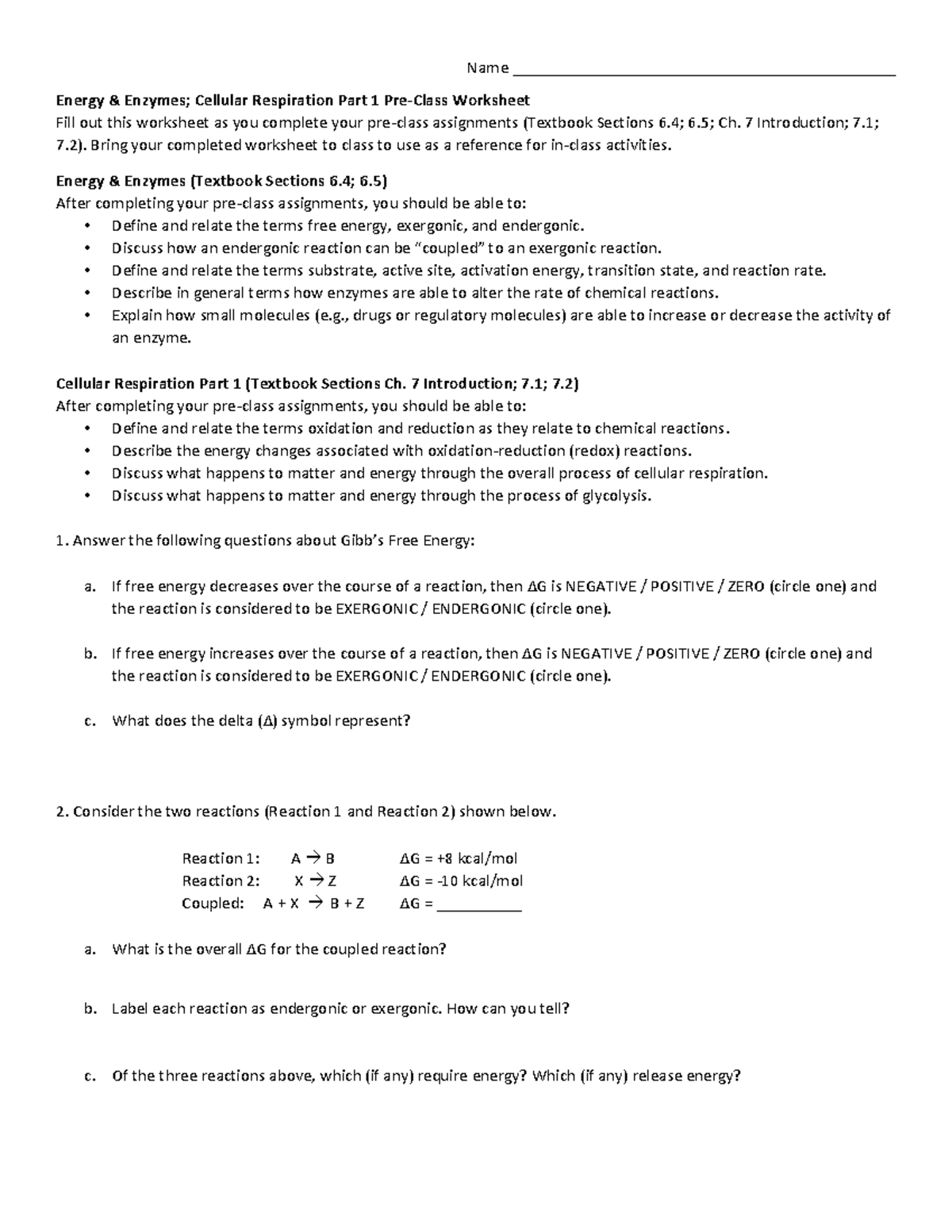 Week 3a Pre-Class Reading Guide: Energy, Enzymes & Cell Respiration ...