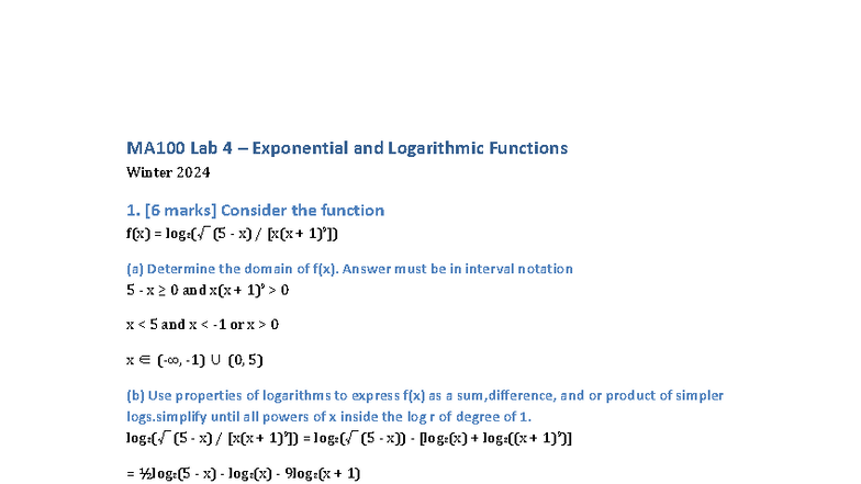 MA100 Lab 4: Exploring Exponential & Logarithmic Functions - Studocu
