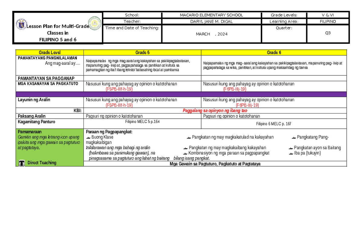 COT 2025 Q4 - Filipino 5 and 6 Lesson Plan and Activities - Studocu
