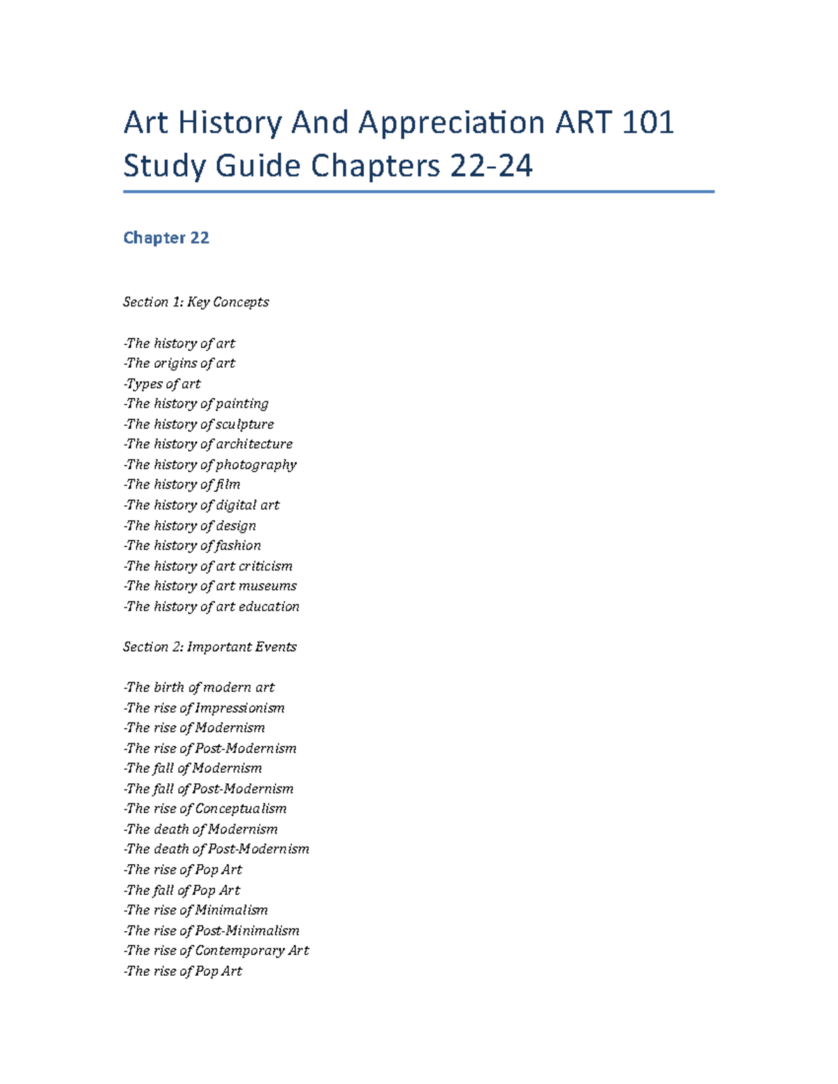 Art History And Appreciation ART 101 Study Guide Chapters 22-24 ...