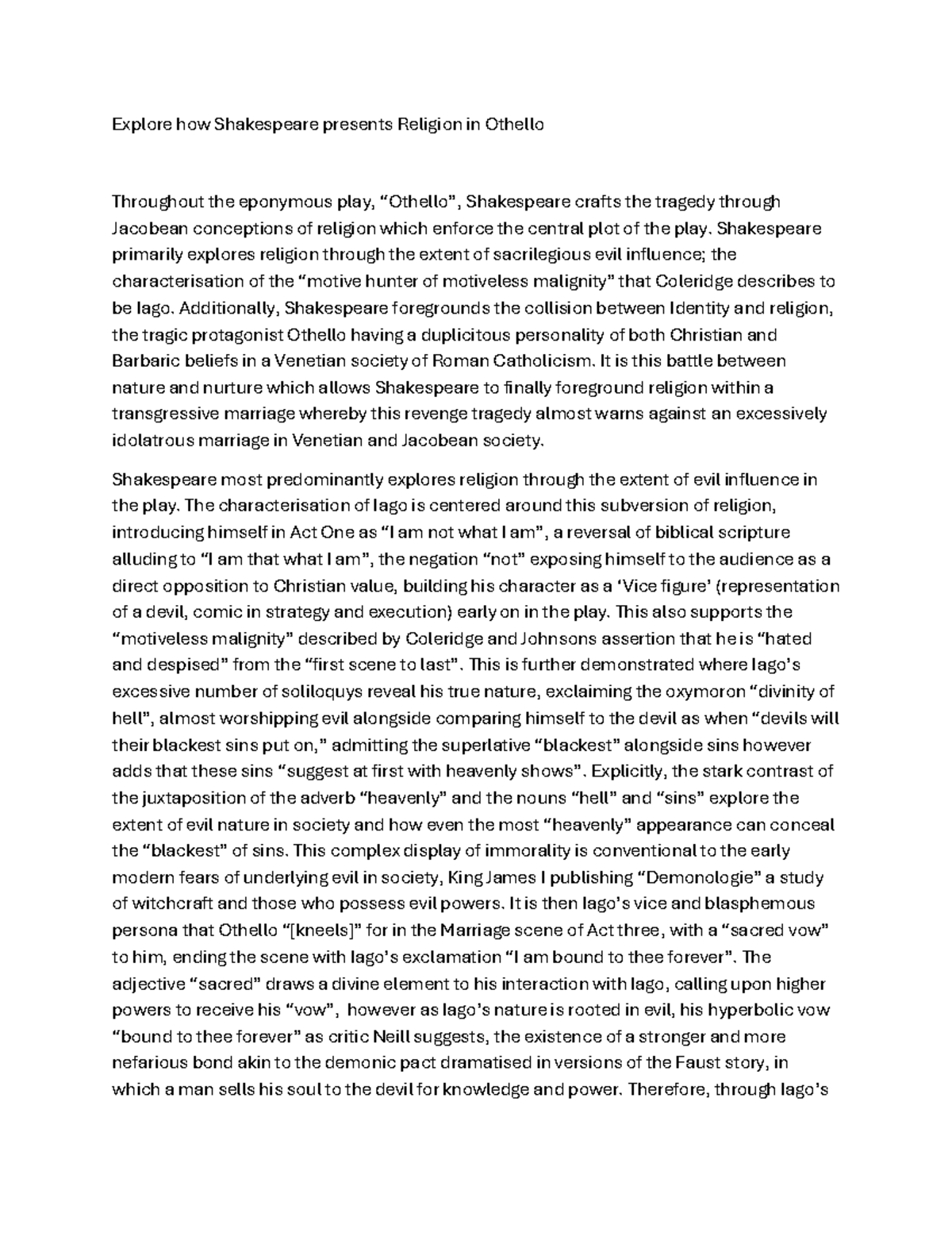 Religion in Othello: A Model Essay Analysis (30+/35) - Studocu