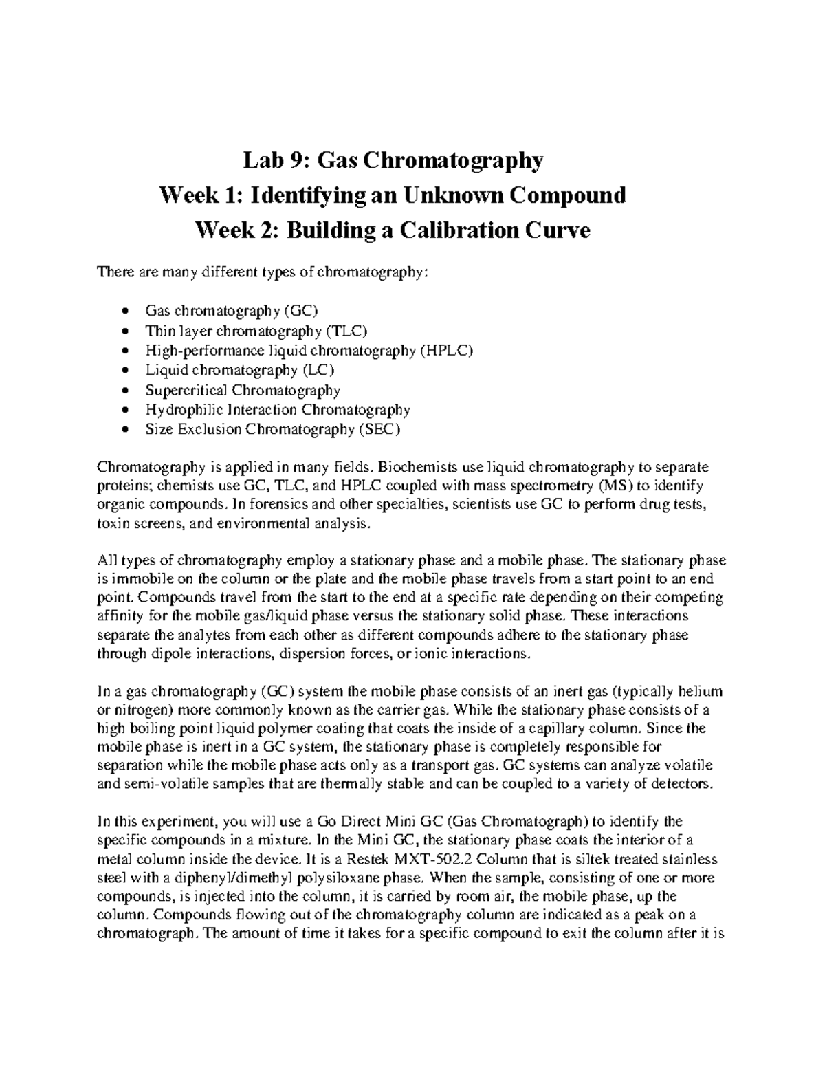 Updated Laboratory Procedures for Gas Chromatography (Lab 9) - Studocu