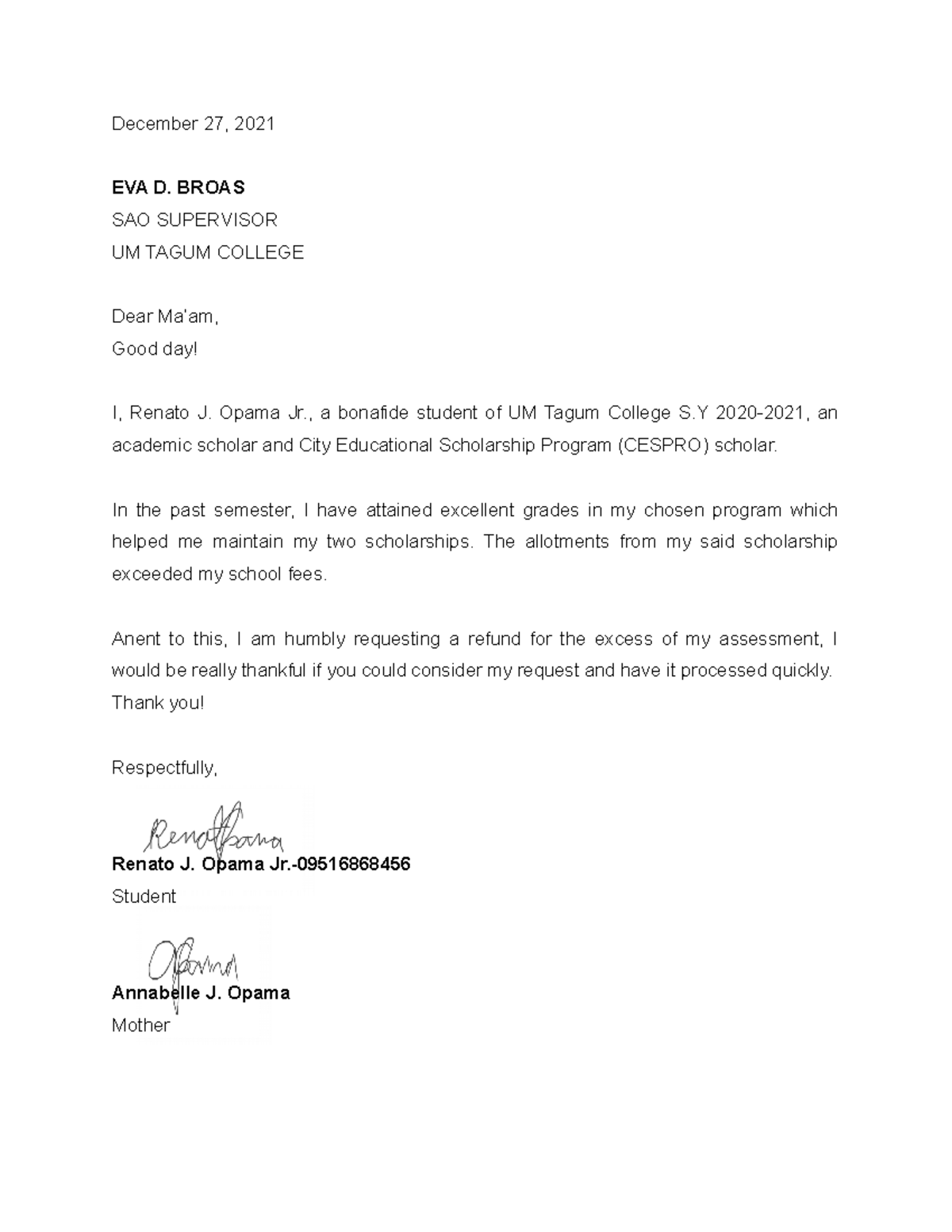 UM Tagum College Refund Request - Renato J. Opama Jr. - Studocu