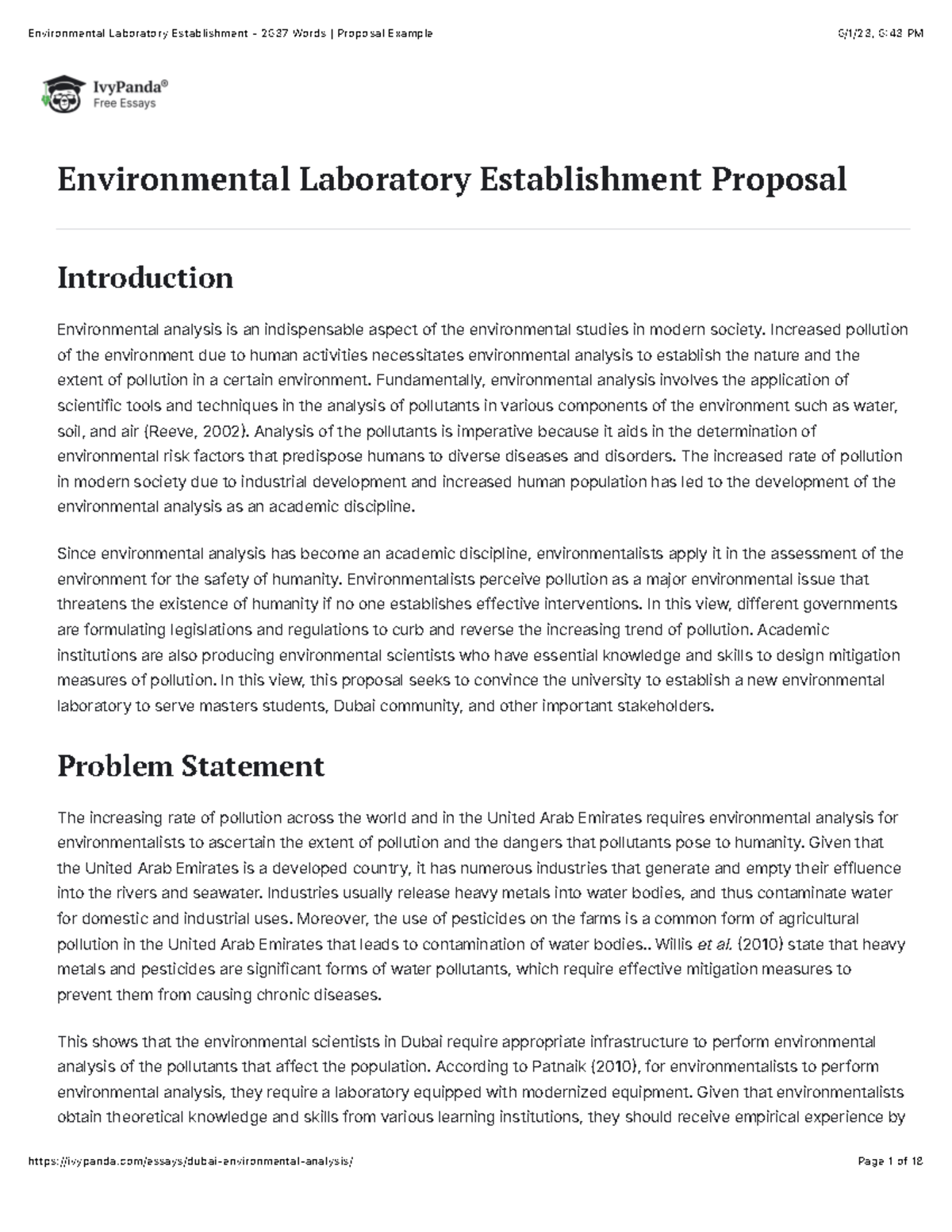 Proposal for Establishing an Environmental Laboratory - ENVS 2637 - Studocu