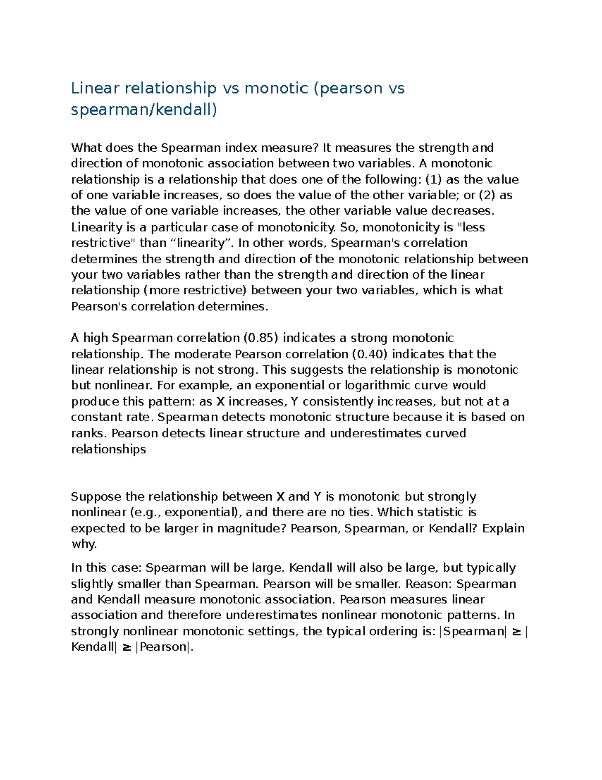 Linear vs Monotonic Relationships: Pearson & Spearman Analysis - Studocu