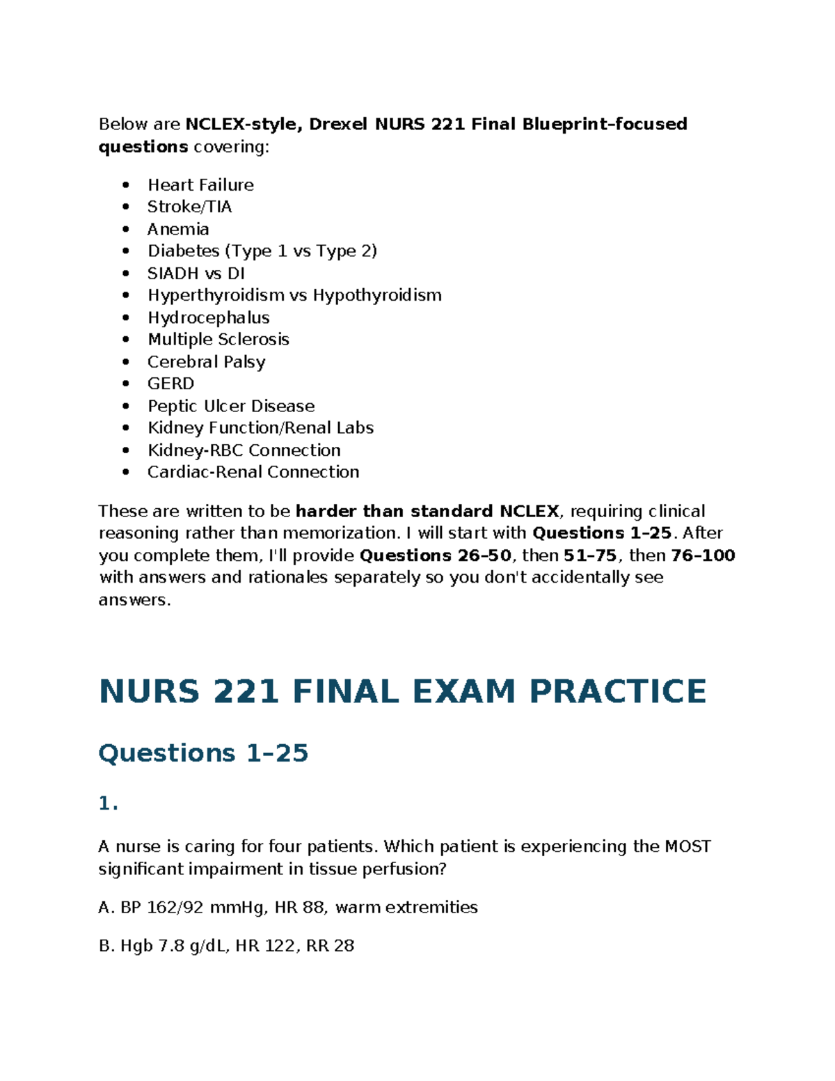 NURS 221 Final Exam Practice: Advanced Questions on Key Conditions ...