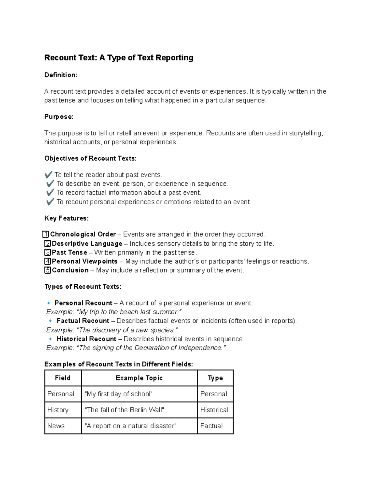 Recount Text Overview: Definition, Purpose, and Key Features - Studocu