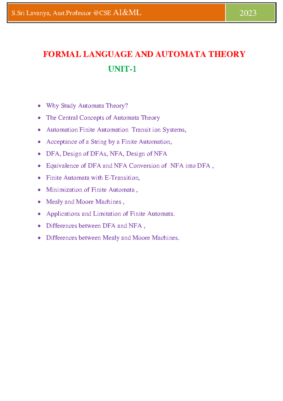 Formal Language and Automata Theory (CS101) - Key Concepts and Applications - Studocu