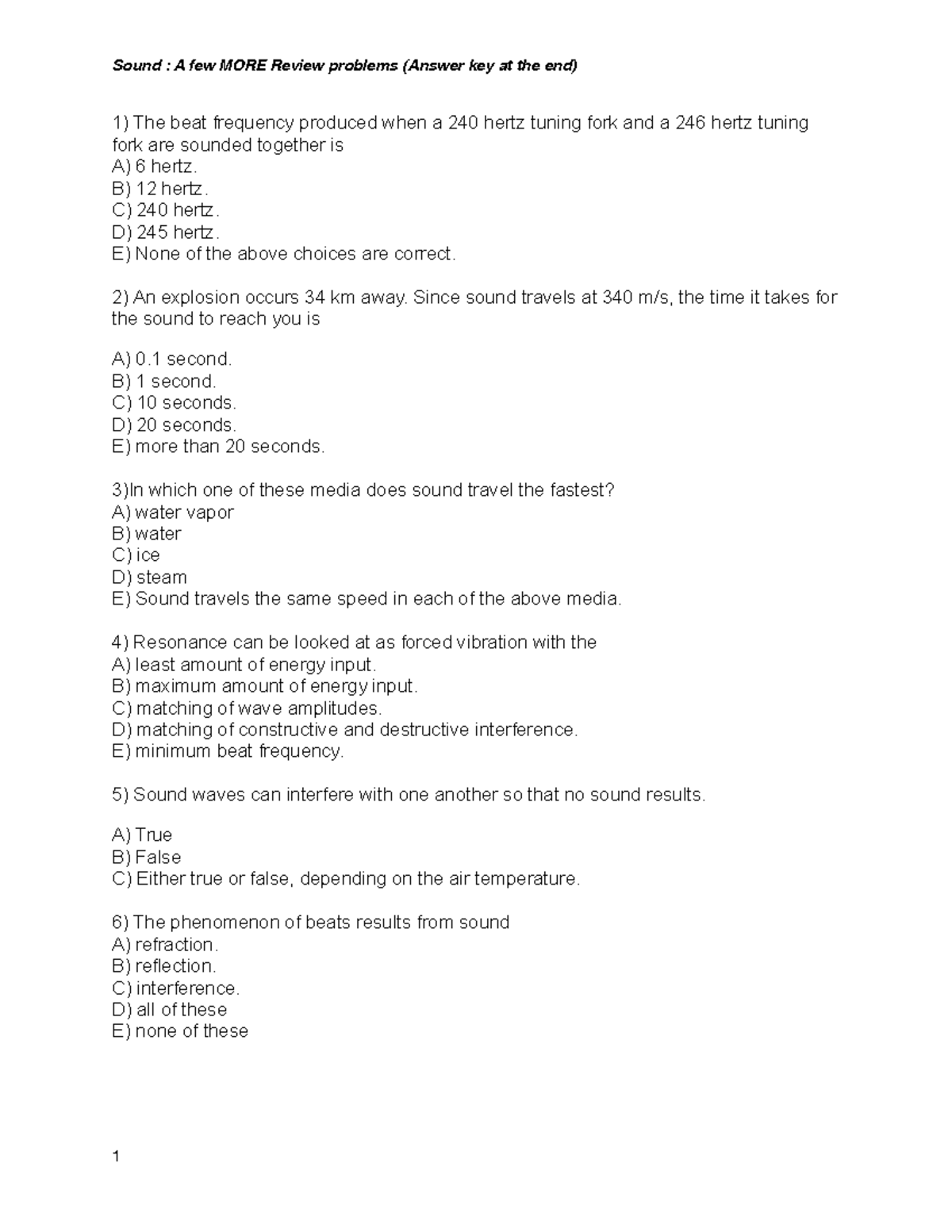 Sound (Course Code) Review Problems with Answer Key - Studocu