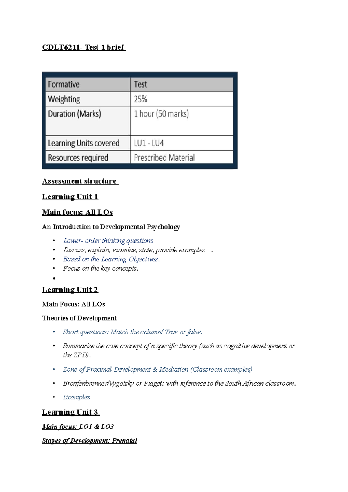 CDLT6211 - Test 1 Brief: Exam Prep for Developmental Psychology - Studocu