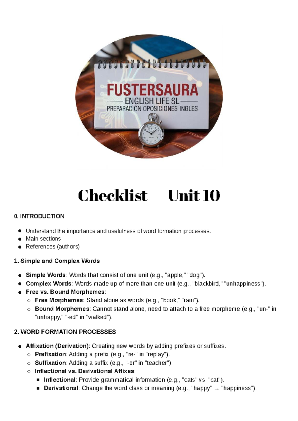Checklist Unit 10 - Word Formation Processes Overview - Studocu