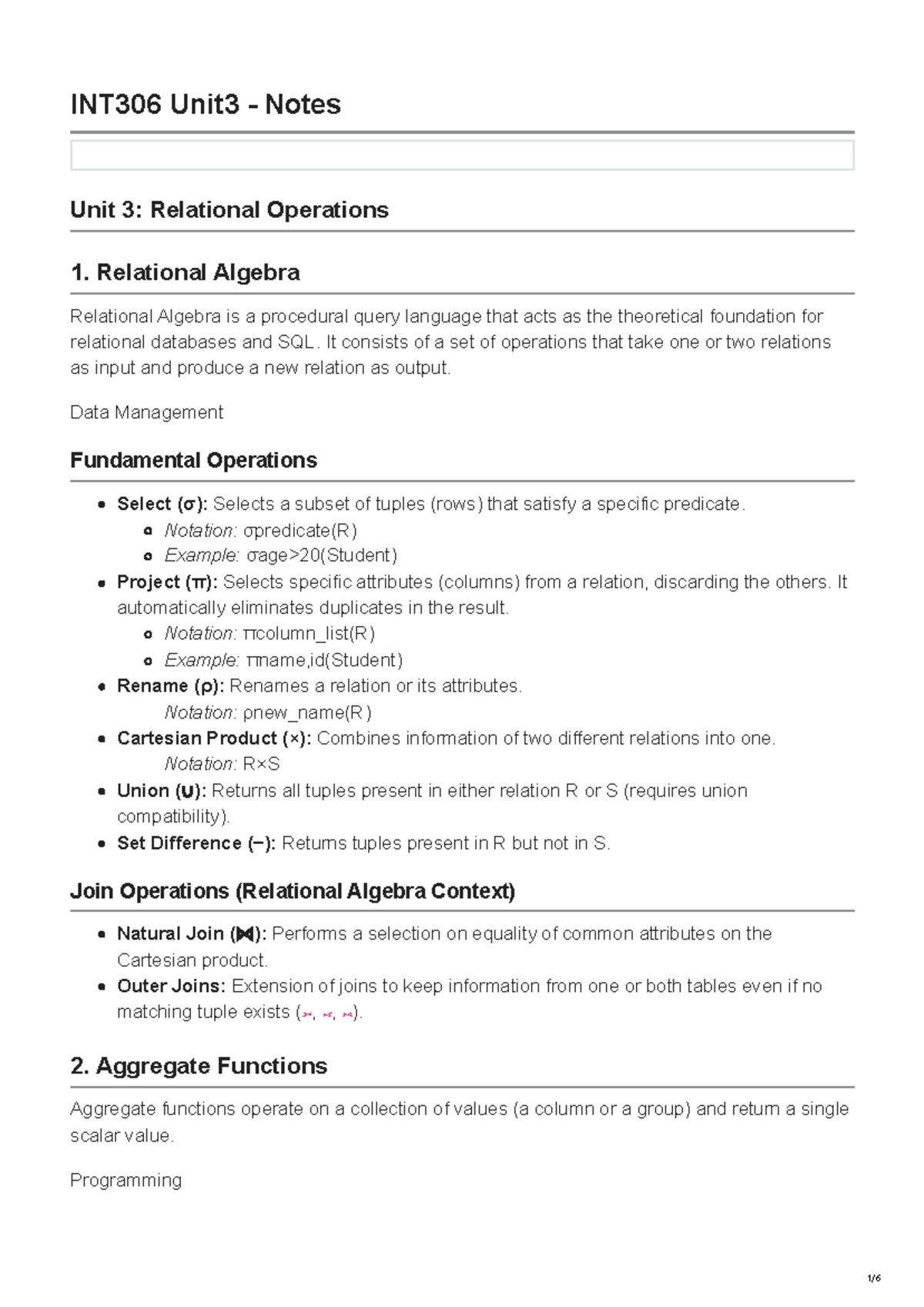 INT306 Unit 3 Notes: Relational Operations & SQL Joins - Studocu
