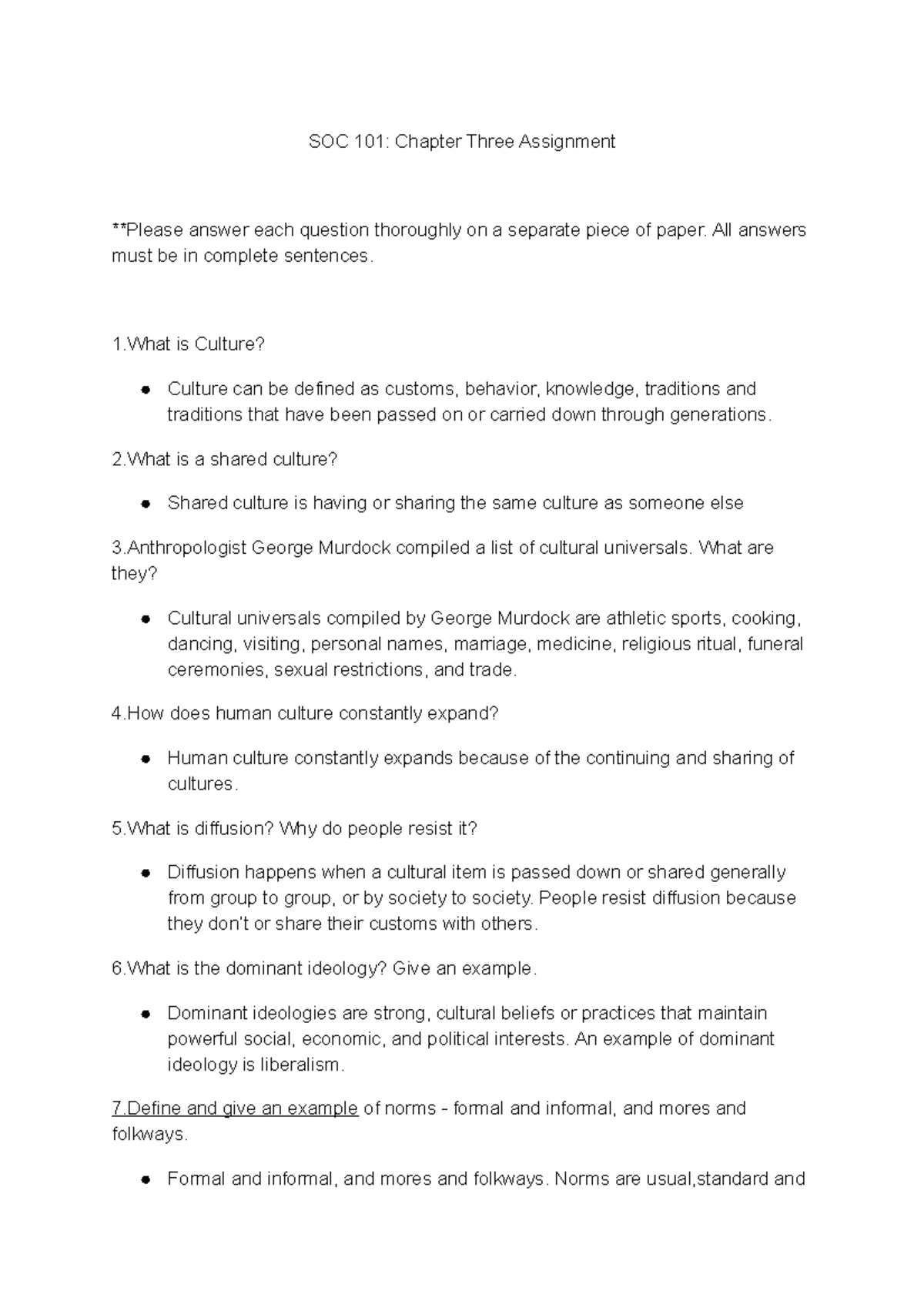 SOC 101: Chapter Three Assignment on Culture and Society - Studocu