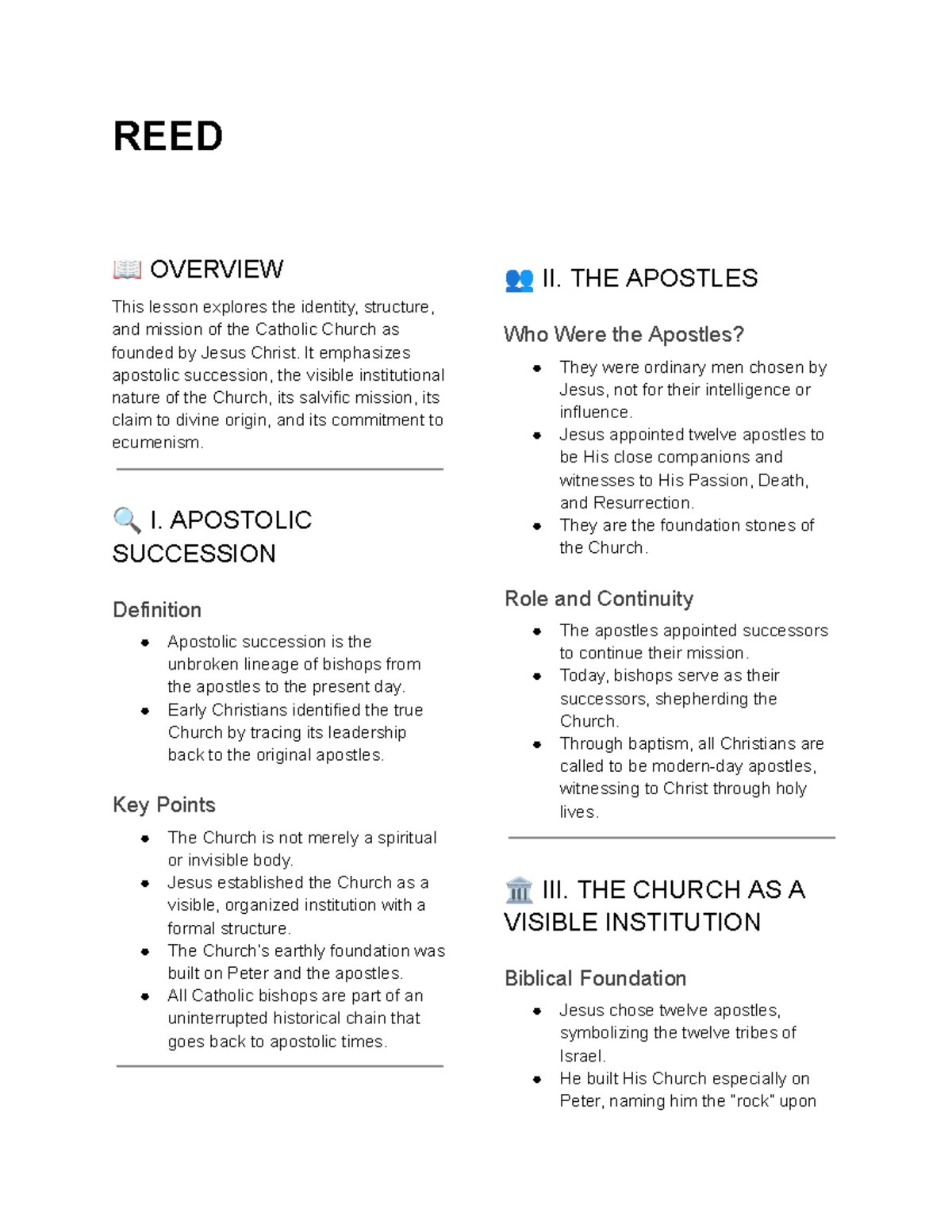 REED - Lesson on Apostolic Succession and the Catholic Church - Studocu