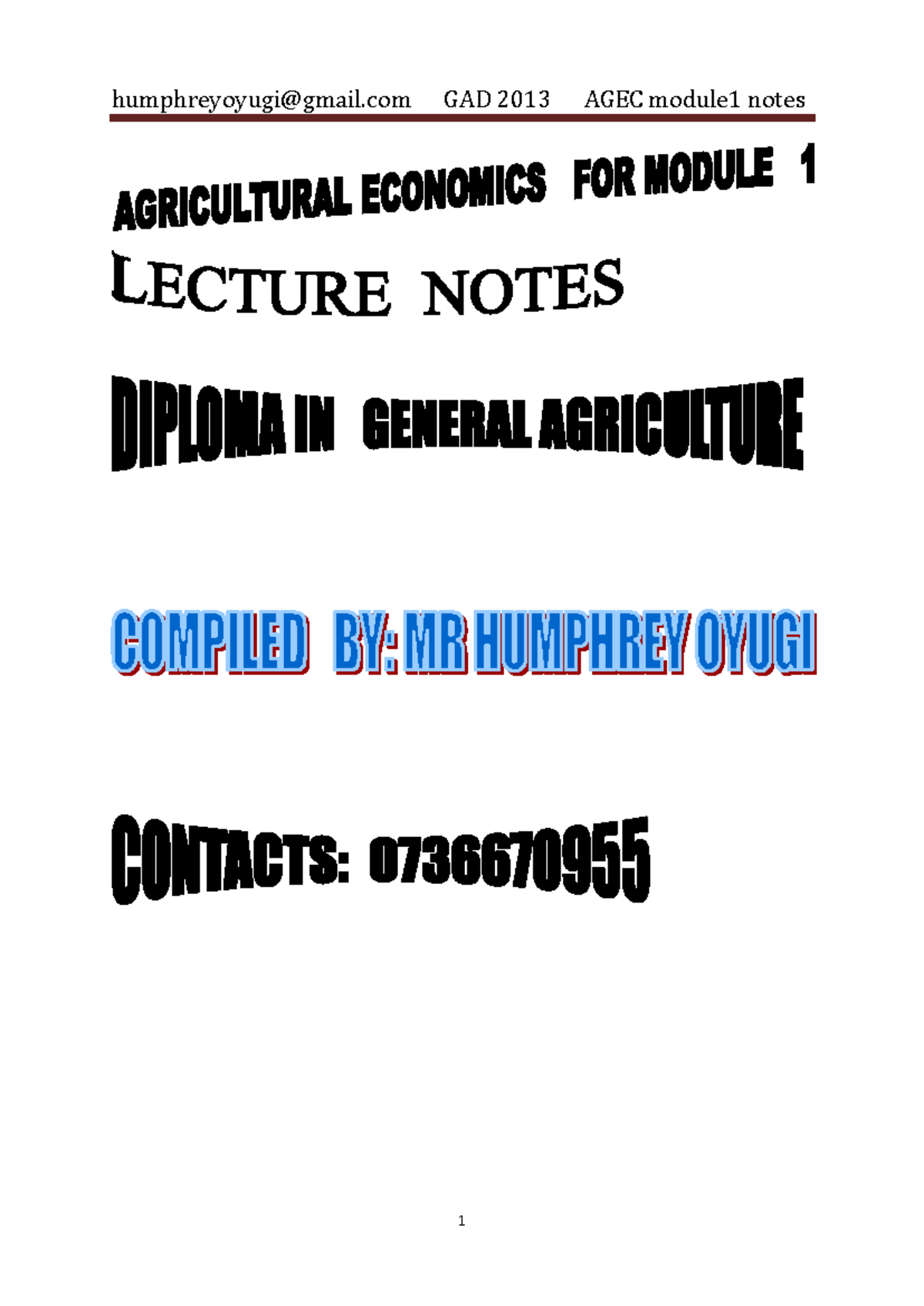 GAD 2013 AGEC Module 1 Notes: Introduction to Agricultural Economics ...