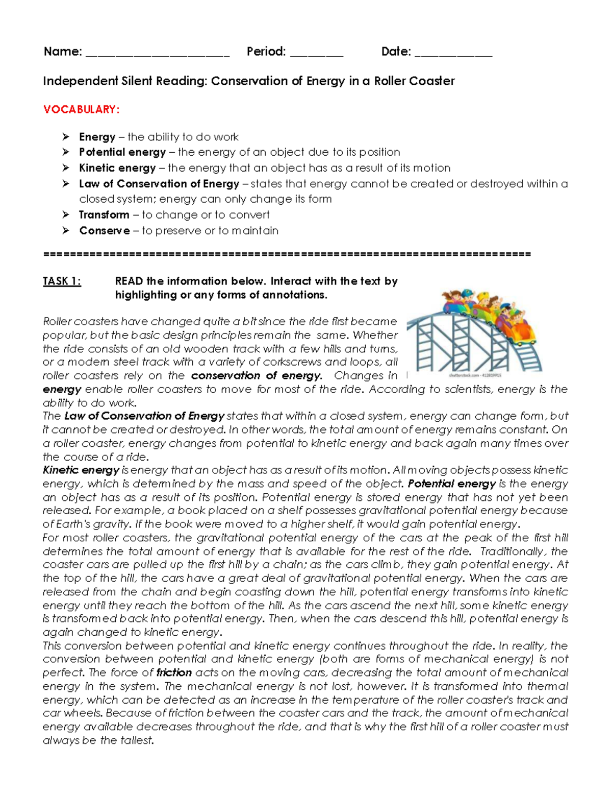 Conservation of Energy in a Roller Coaster: Independent Reading Notes ...