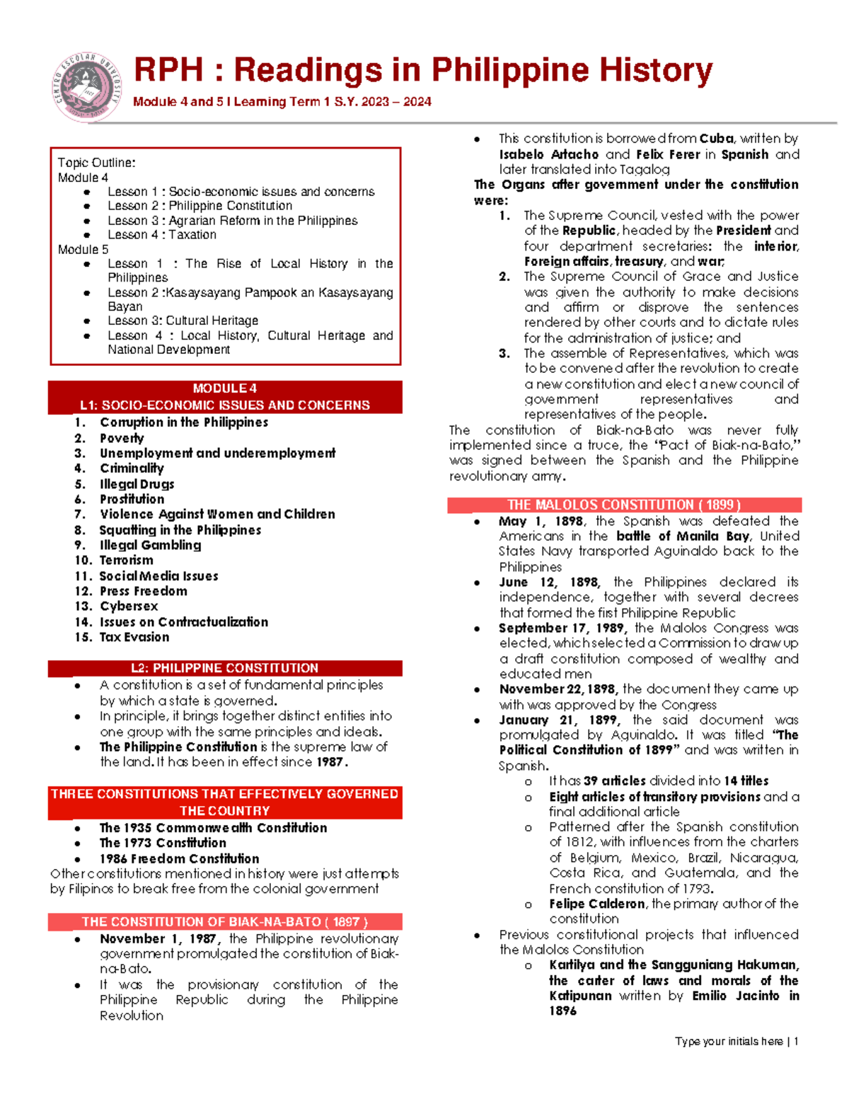 RPH - Taxation and Philippine Constitution Overview for Modules 4 & 5 - Studocu