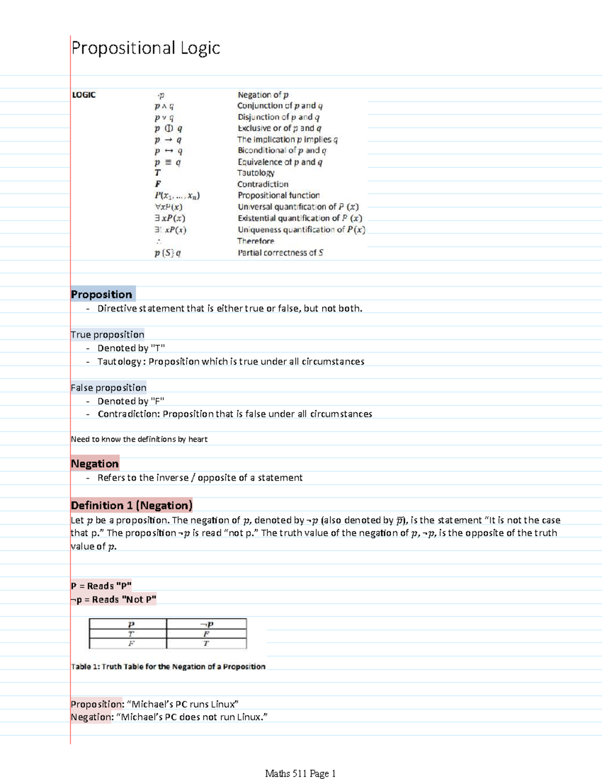 Maths 511: Propositional Logic Concepts and Definitions - Studocu