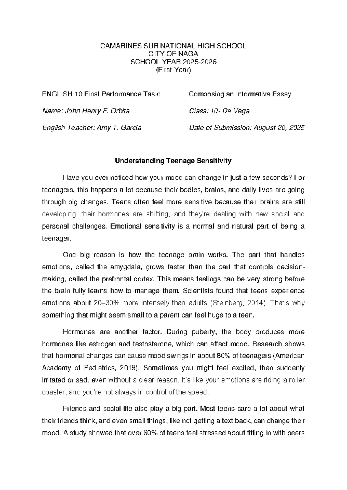 ENGLISH 10 Final Performance Task: Understanding Teenage Sensitivity ...