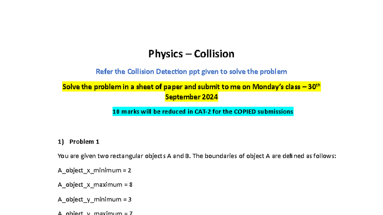 Physics - Collision Assignment: Detection & Intersection Problems - Studocu