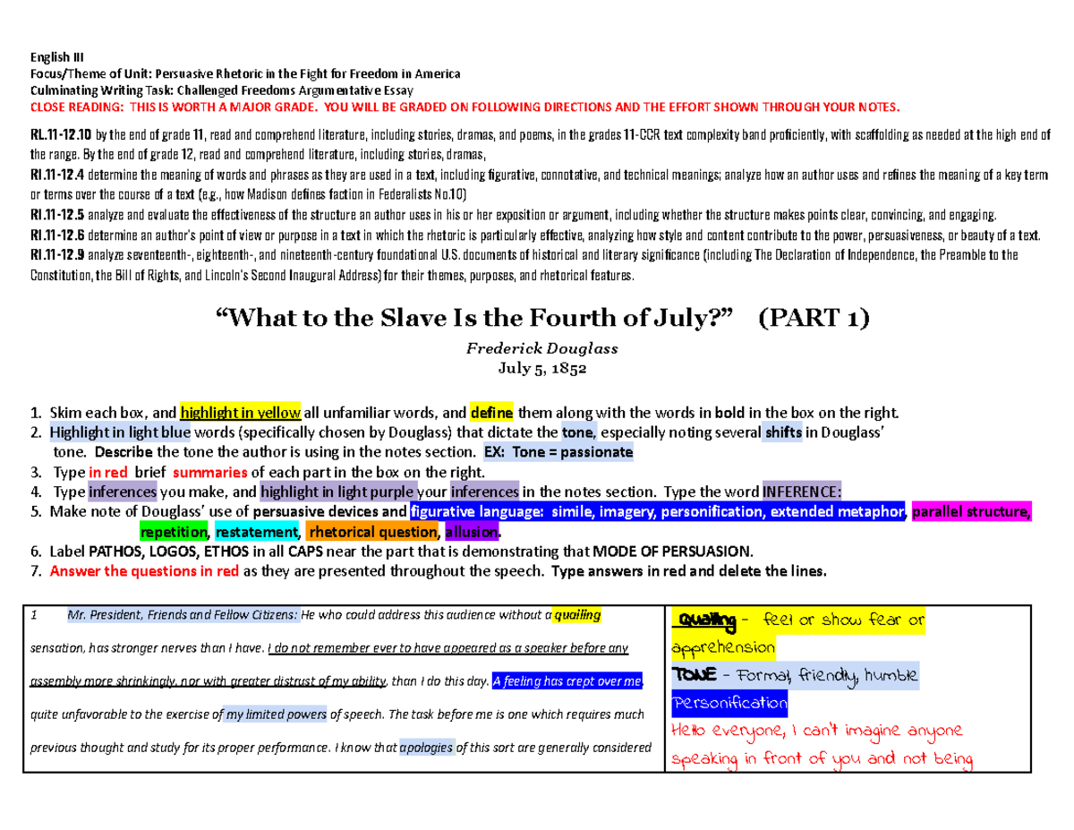 What to the Slave Is the Fourth of July? - English III Close Reading ...