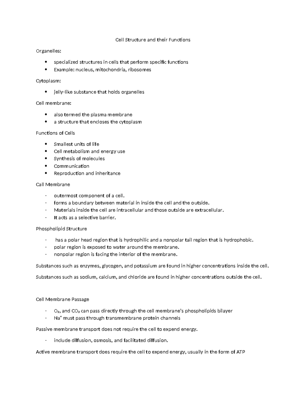 Cell Structure and Functions: Organelles, Membrane Transport, and Mitosis - Studocu