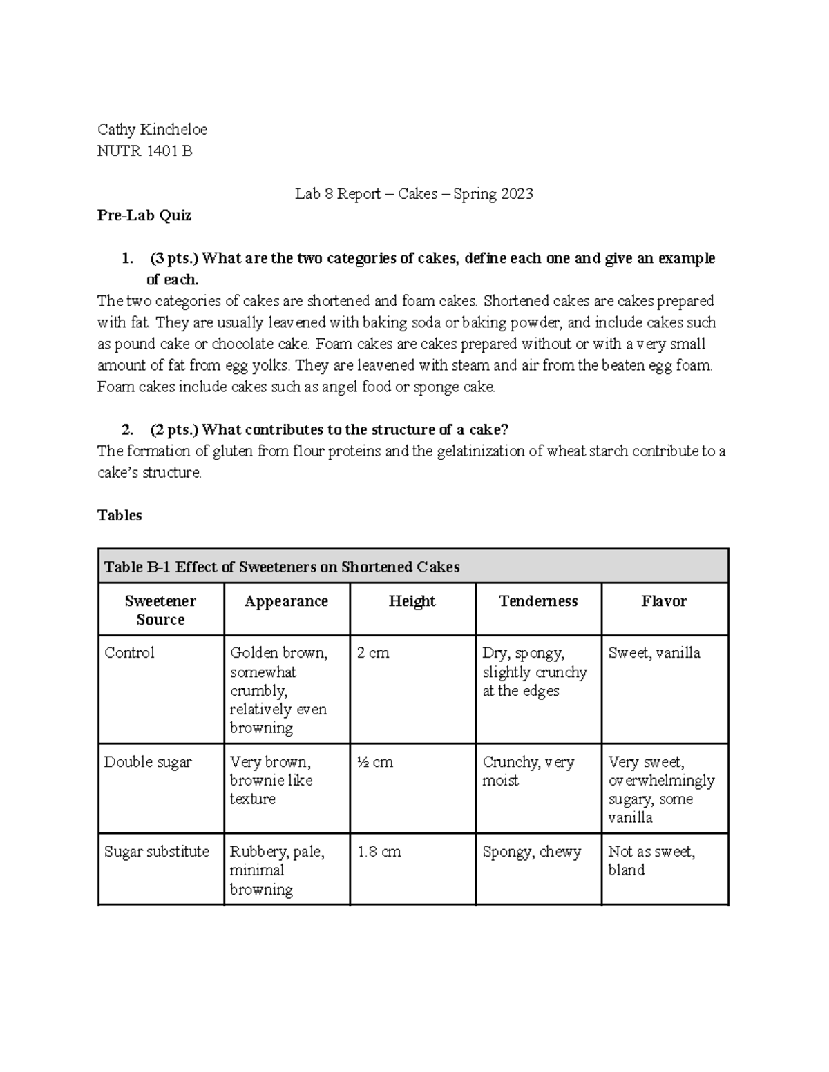 NUTR 1401 B - Lab Report #8: Sugar Function in Cake Types - Studocu