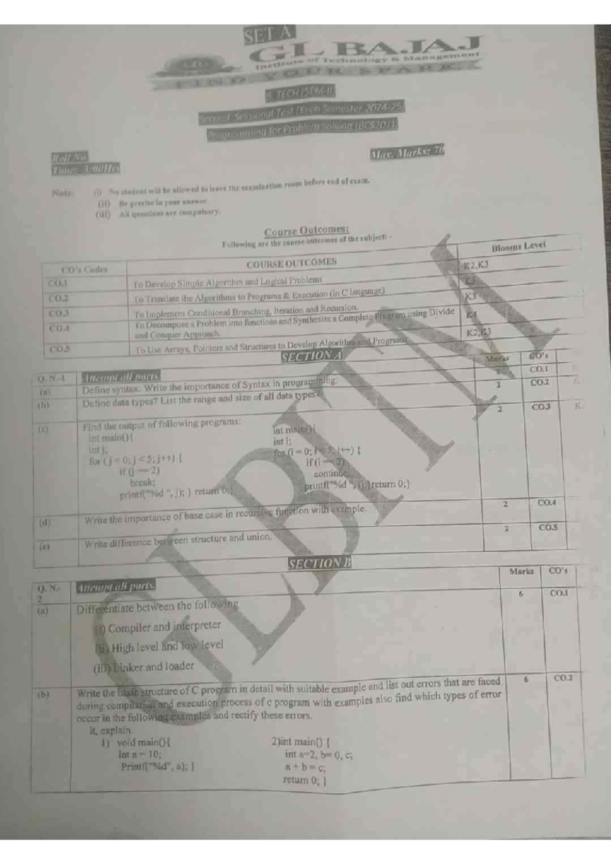 SET A BCS201 Second Sessional Test: Problem Solving Practice Questions ...