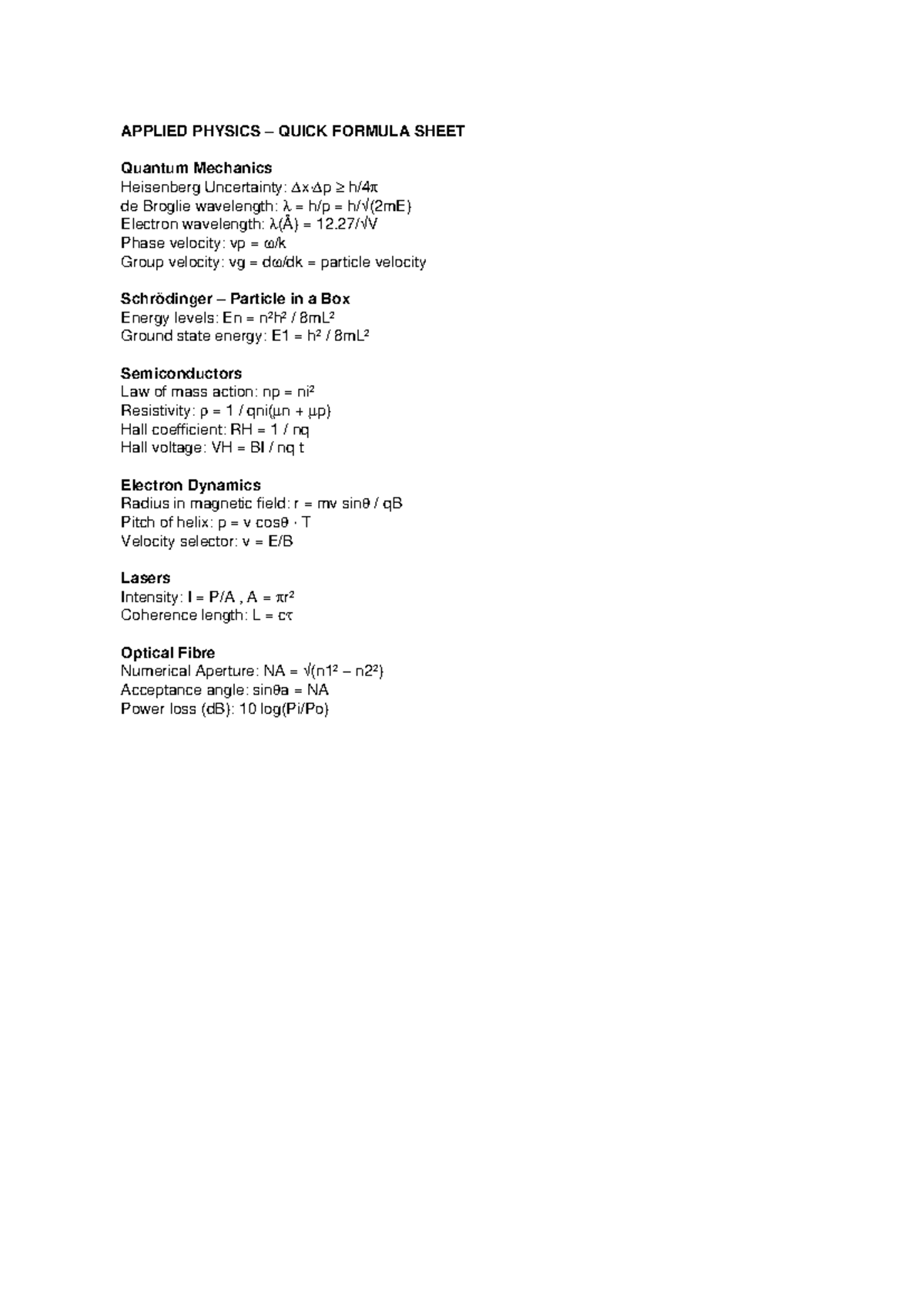 APPLIED PHYSICS FORMULA SHEET: QUICK REFERENCE GUIDE - Studocu