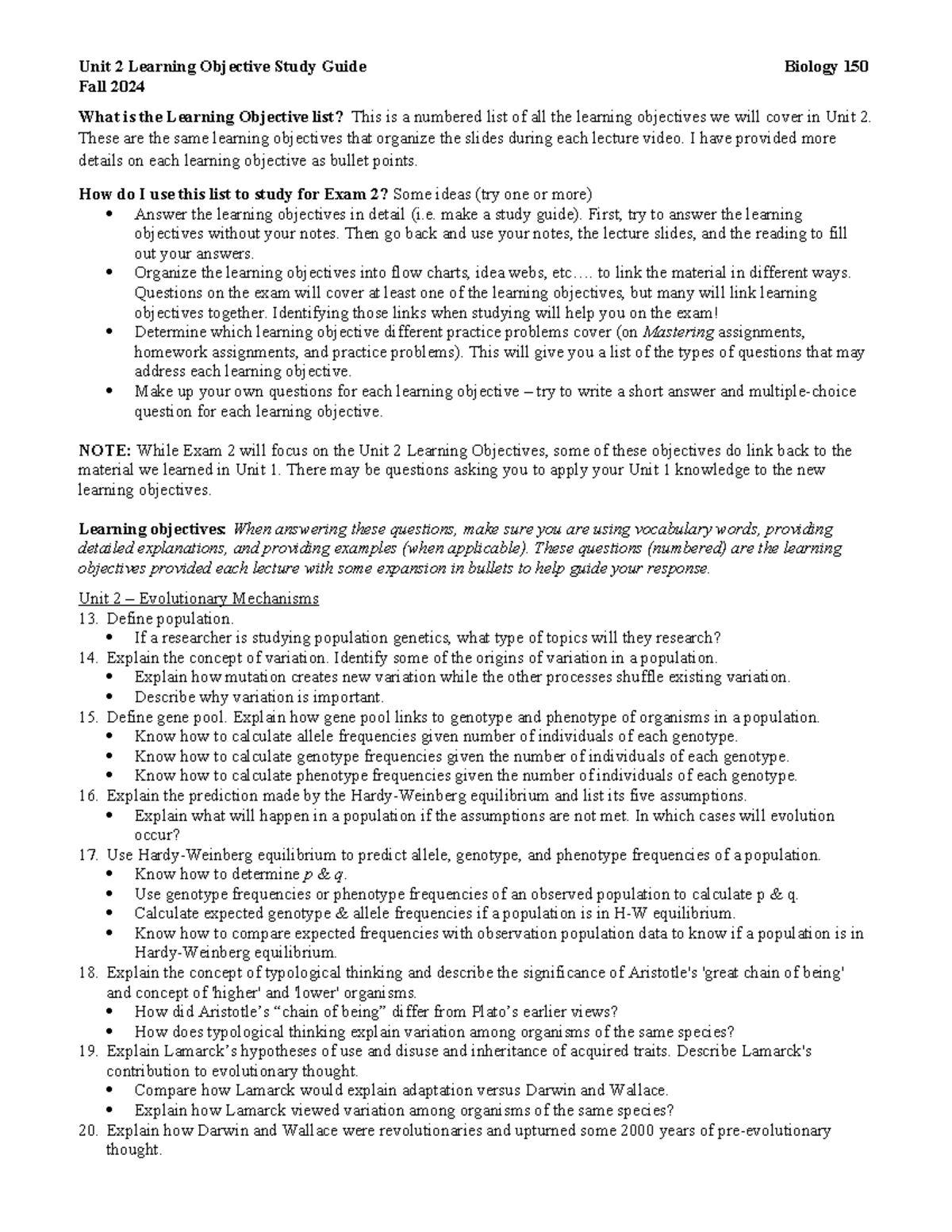 Biol150 F24 Unit 2 Learning Objectives Study Guide for Exam 2 - Studocu