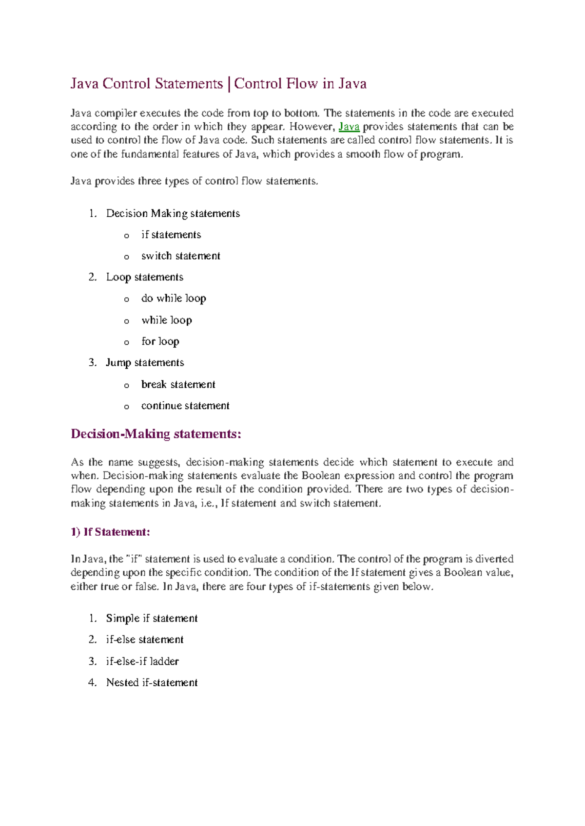 Java Control Statements: Understanding Flow Control and Syntax - Studocu