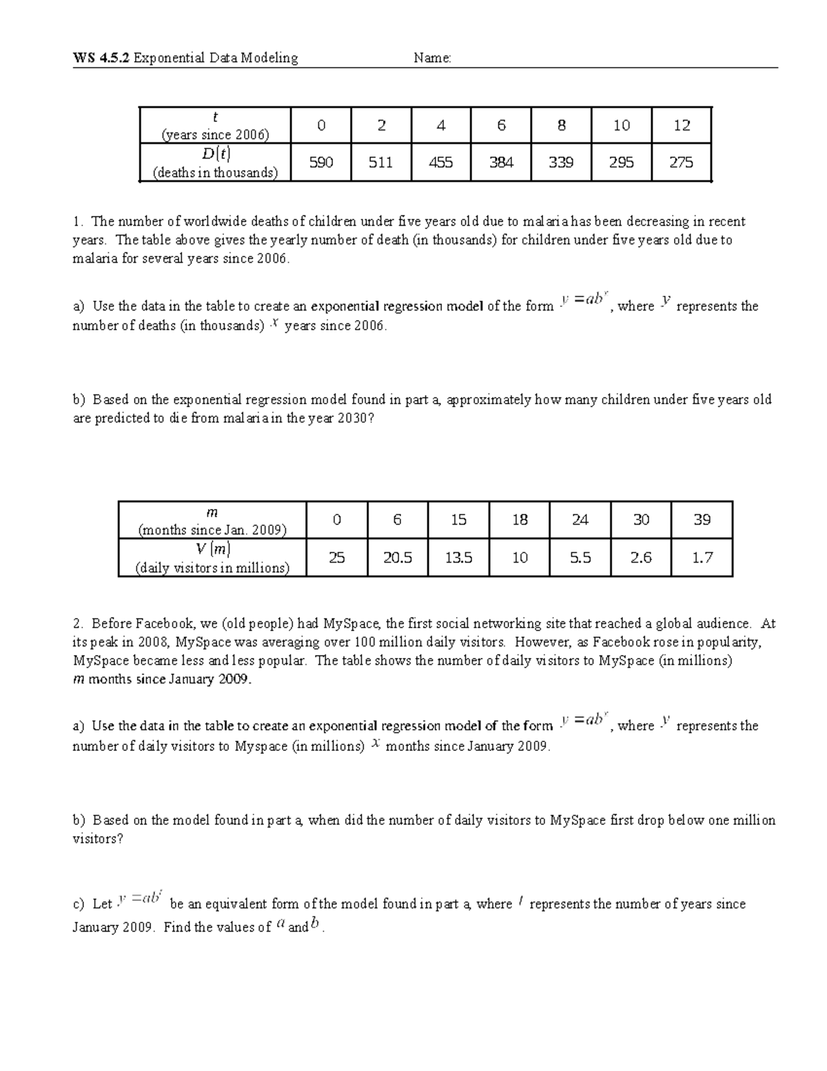 WS 4.5.2 Exponential Data Modeling & Regression Analysis - Studocu