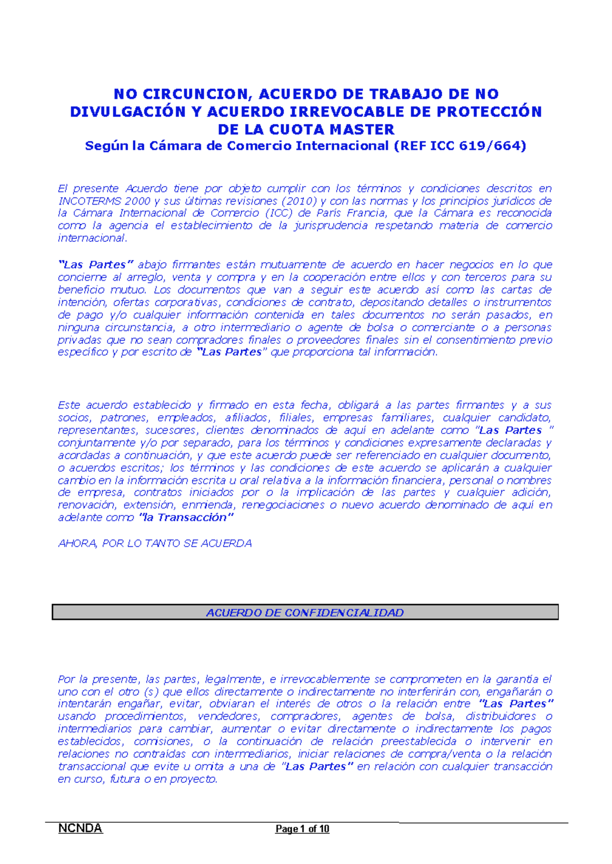 Acuerdo de Confidencialidad Internacional (NDA) - Modelo ICC 619/664 ...