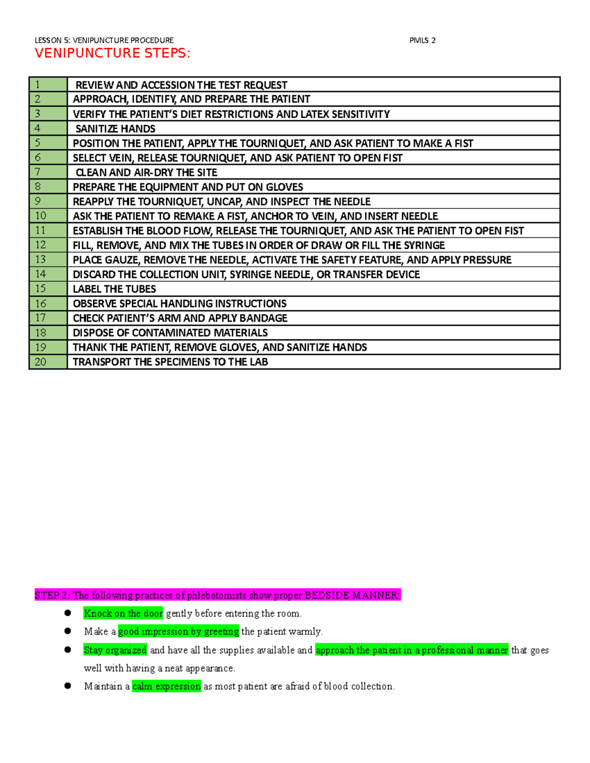 Lesson 5: Venipuncture Procedure Steps - PMLS 2 Notes - Studocu