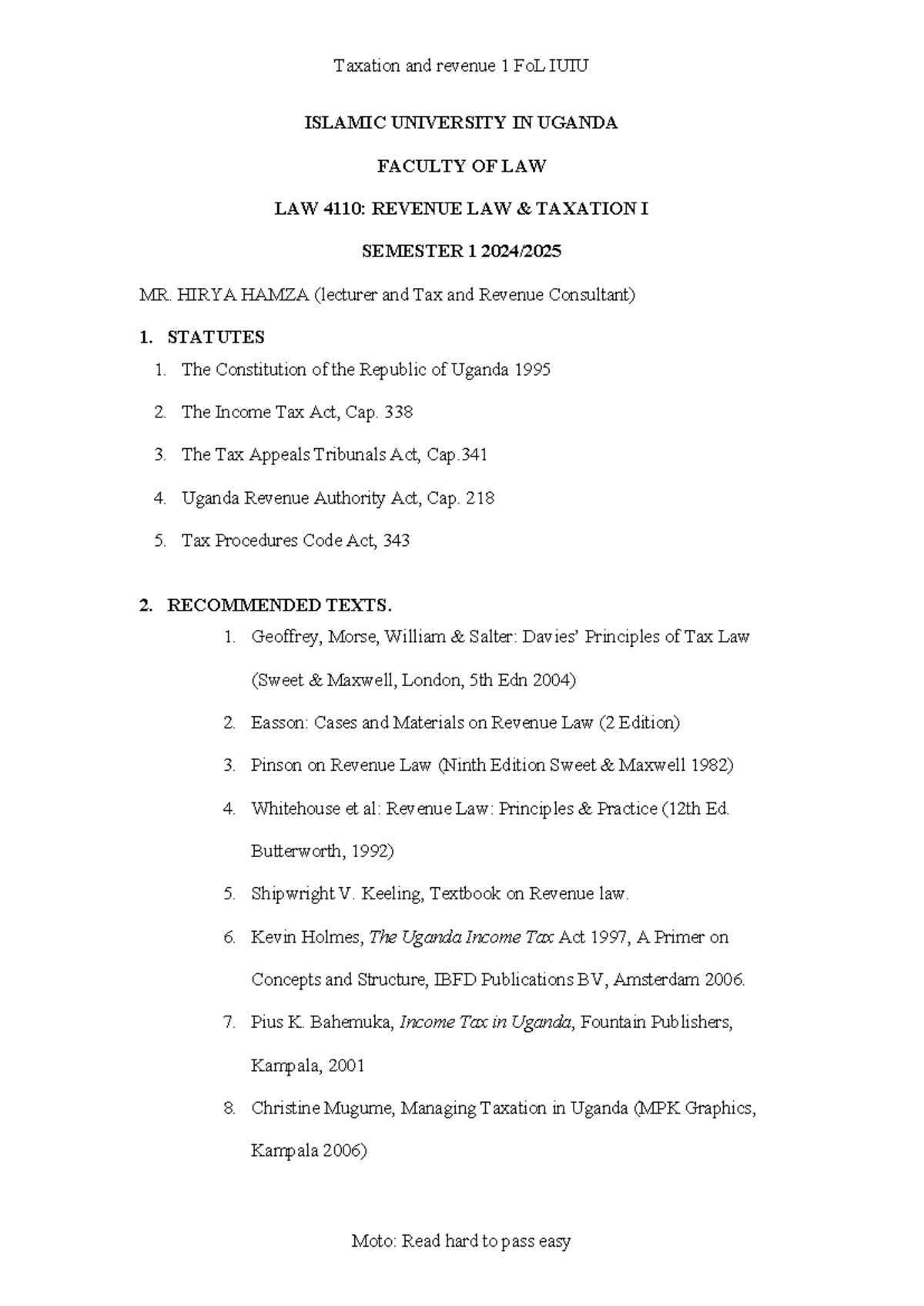 LAW 4110: Revenue Law - Taxation Reading List for Semester 1 - Studocu