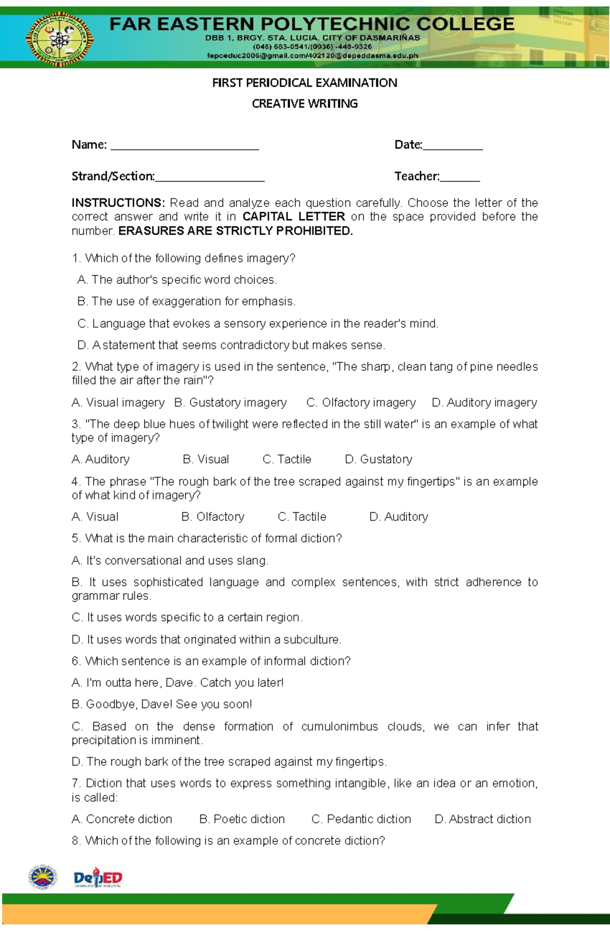 Creative Writing Periodical Exam (CW 101) - Questions & Instructions ...