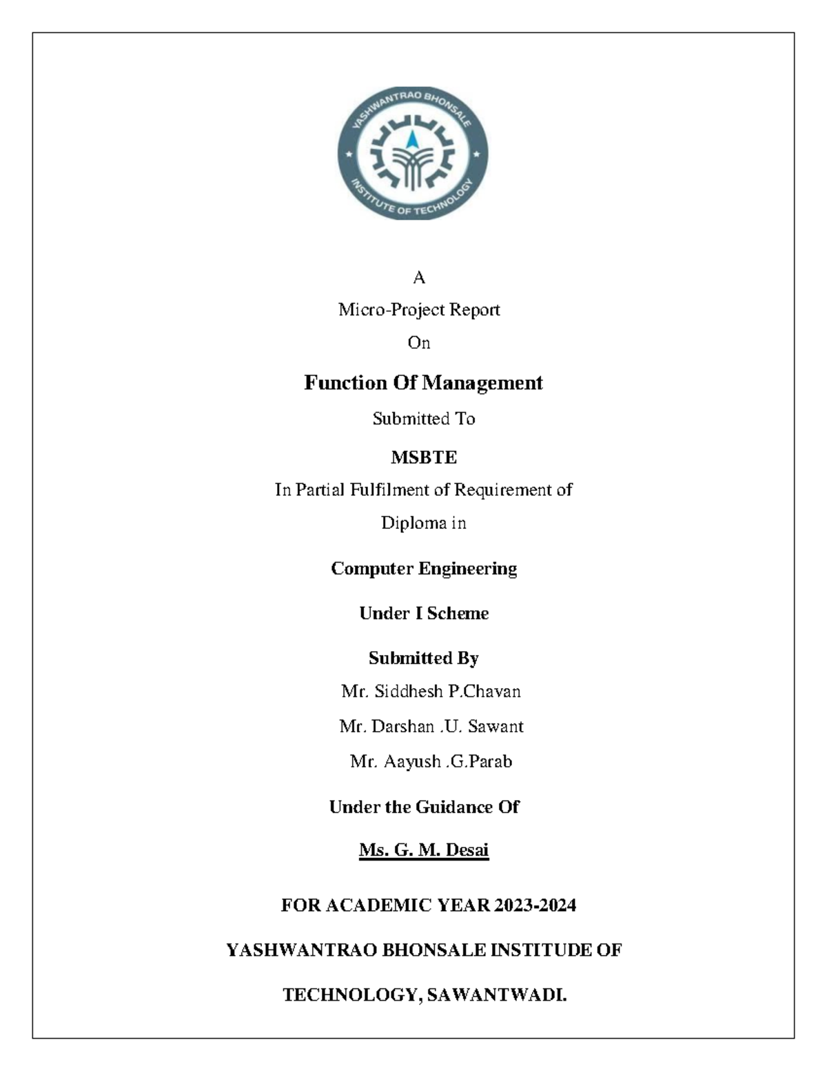 Micro-Project Report on Functions of Management (MGT 22509) - Studocu