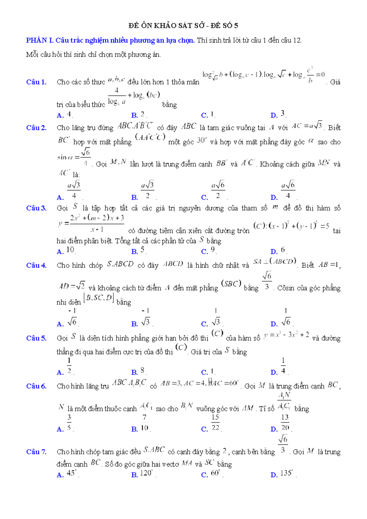 ĐỀ ÔN KHẢO SÁT SỞ ĐỀ SỐ 5 PHẦN I - LỚP 12 HSG TỈNH BẮC GIANG NH 24-25 ...