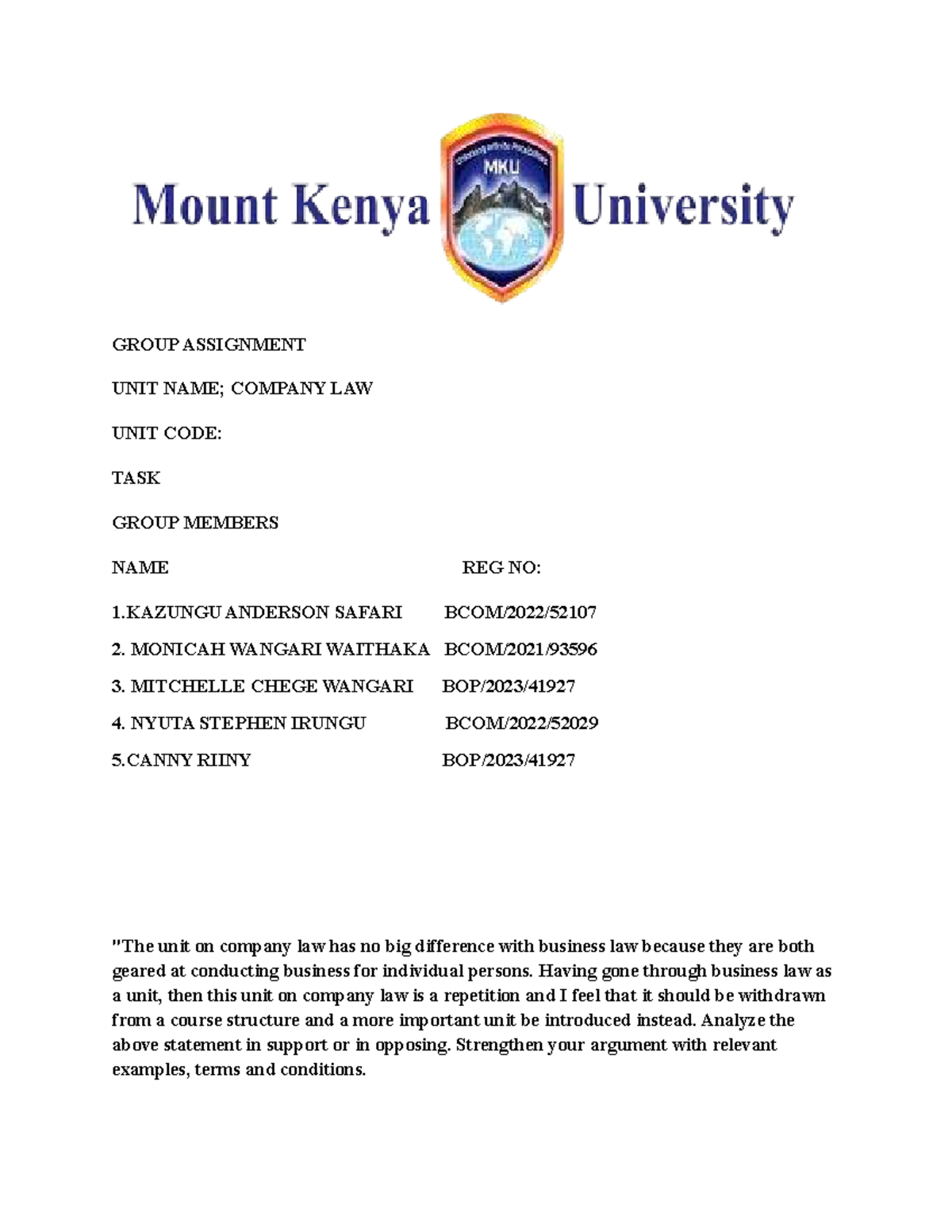 Group Assignment: Analyzing the Necessity of Company Law (Unit Code ...