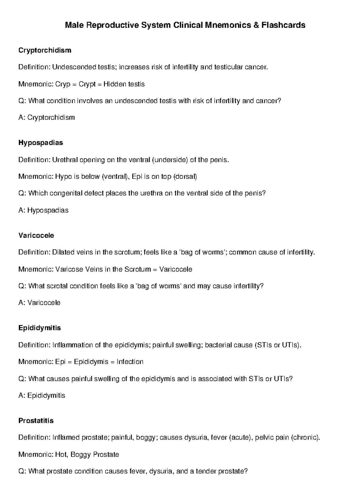 Male Reproductive System Clinical Mnemonics Flashcards (MRSC 101) - Studocu