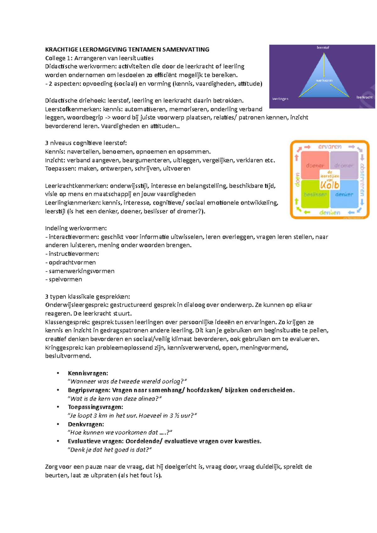 Krachtige Leeromgeving Tentamen Samenvatting - College Overzicht - Studeersnel