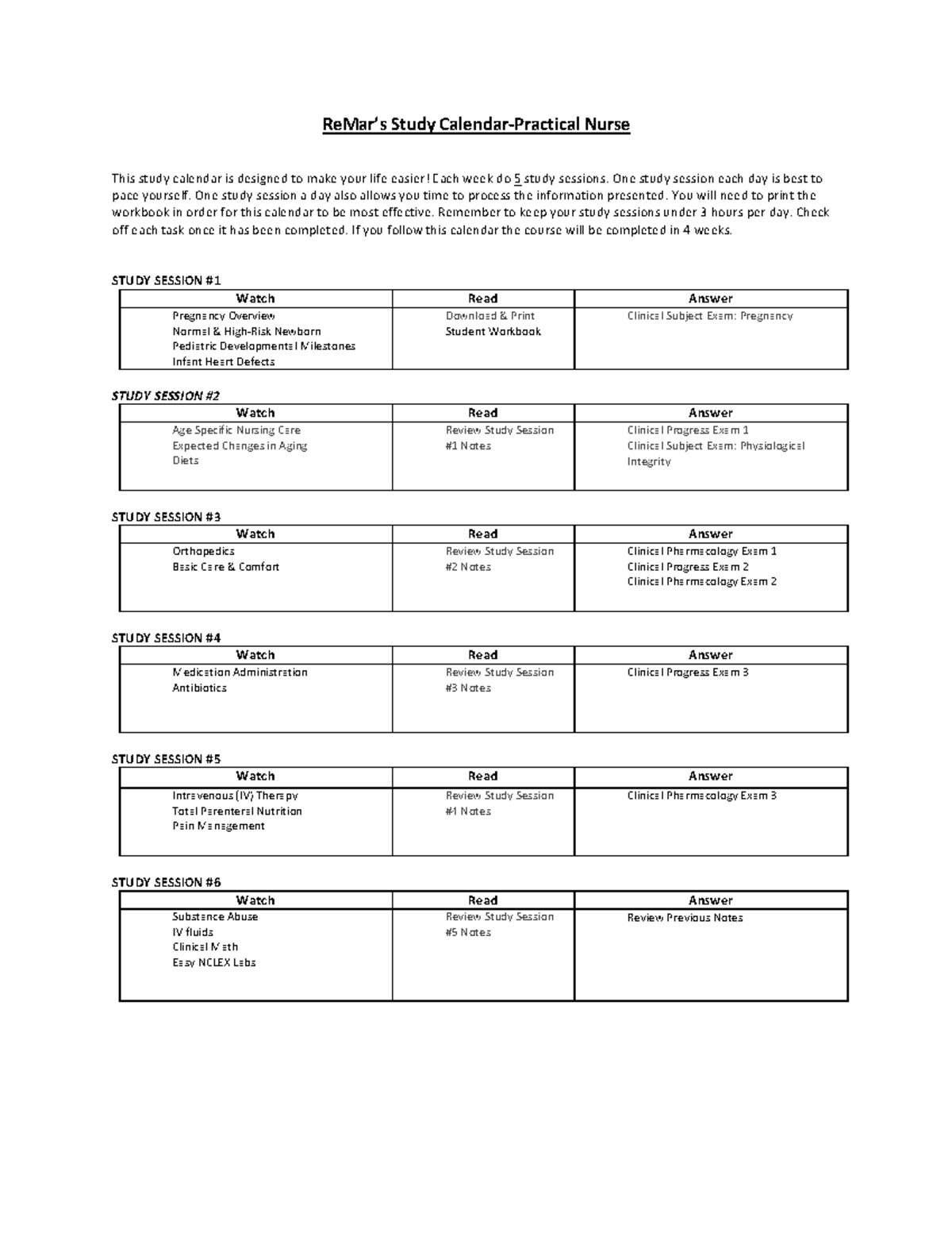 ReMar V2 Study Calendar for Practical Nurse Course Success - Studocu