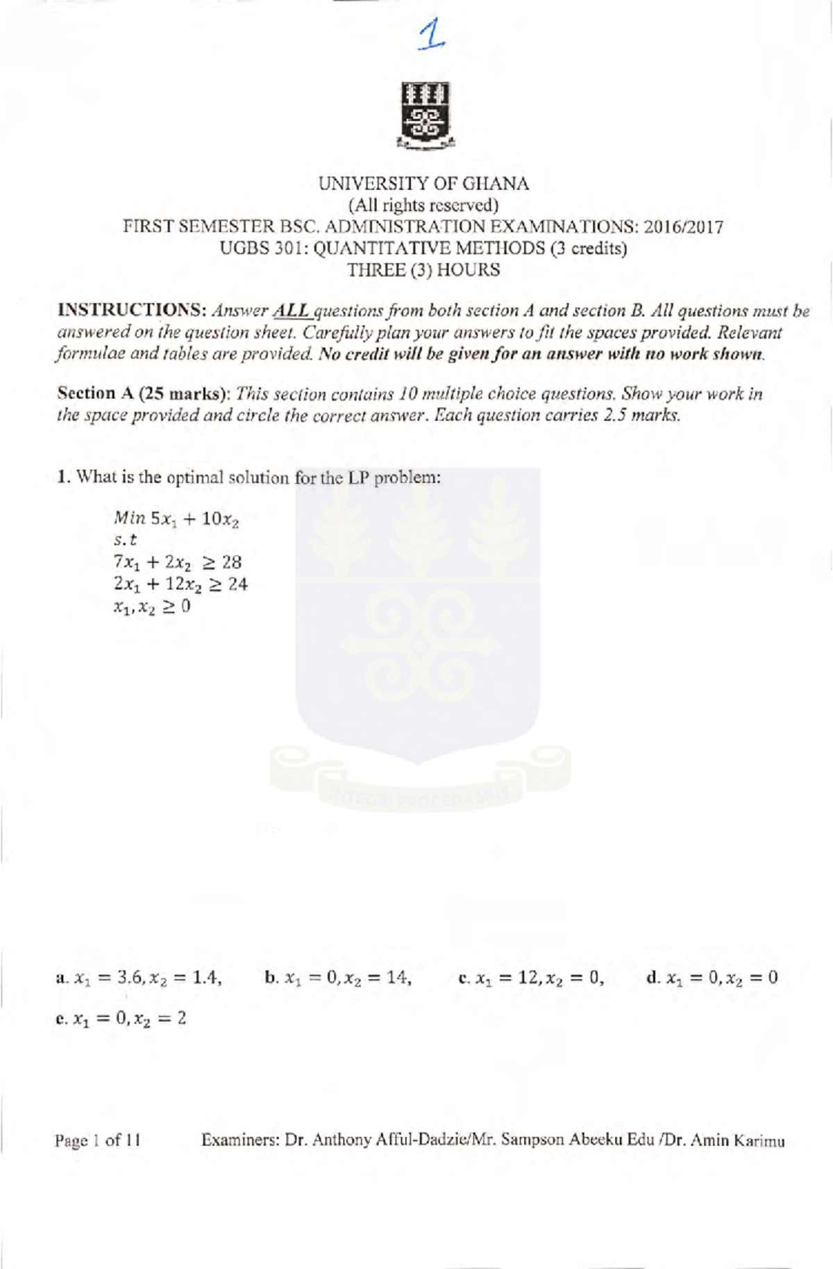Quantitative Methods 16 - UNIVERSITY OF GHANA (All rights reserved) FIRST SEMESTER BSC. - Studocu