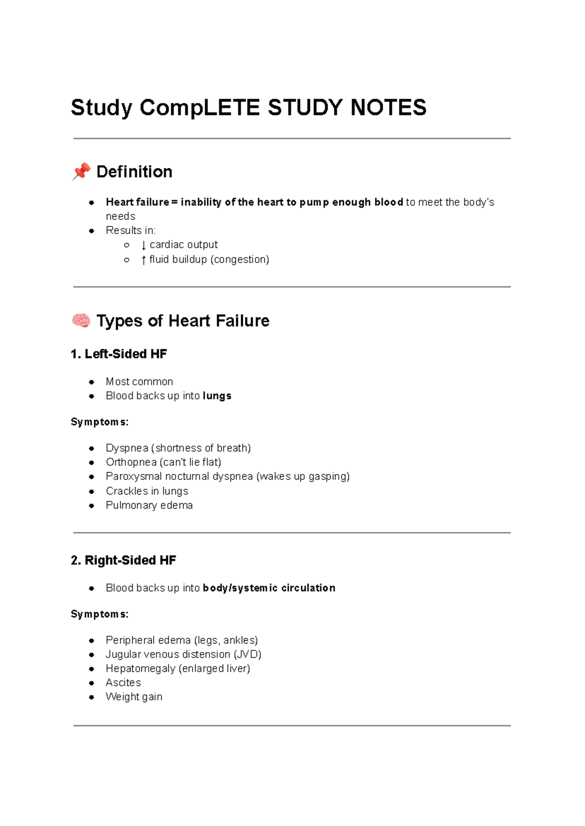 Heart Failure Study Notes: Definition, Types, and Management - Studocu