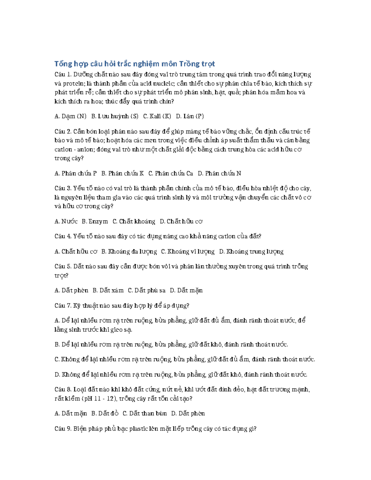 Tổng hợp câu hỏi trắc nghiệm môn Trồng trọt - Tài liệu ôn tập - Studocu