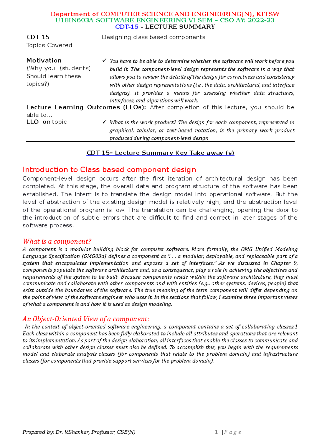 U18IN603A - CDT-15 LECTURE SUMMARY: Designing Class-Based Components ...