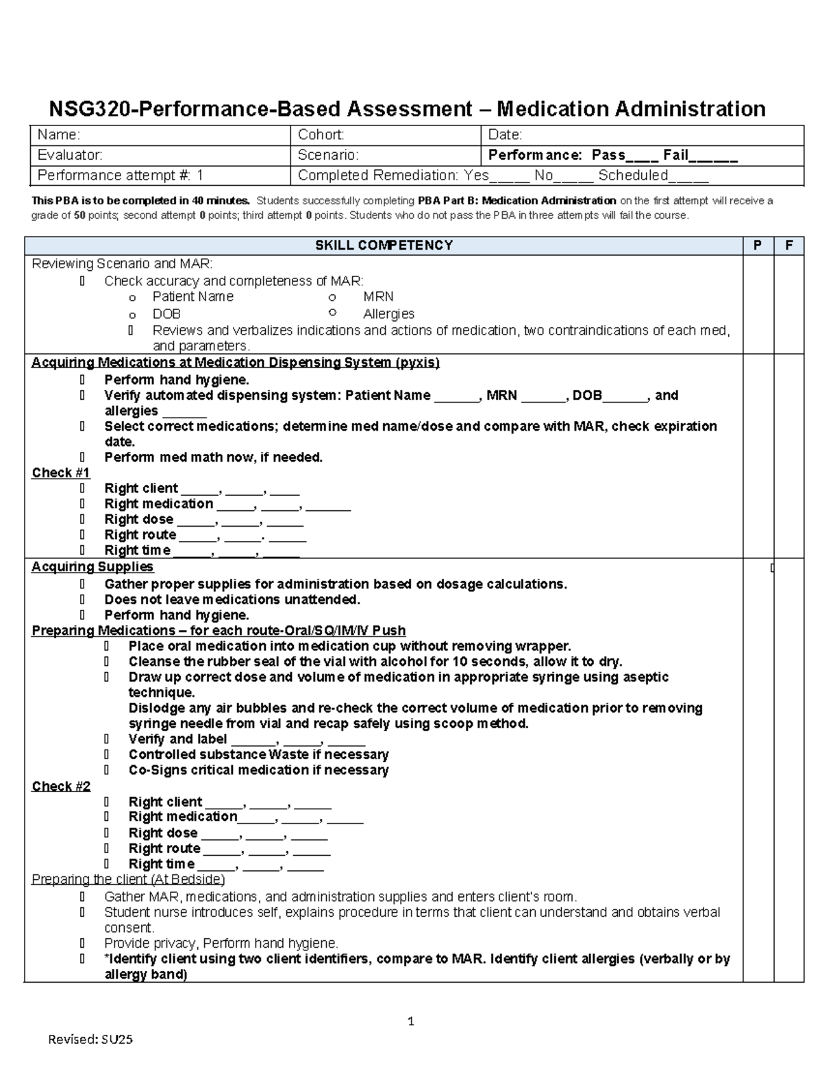 NSG 320 Medication Administration PBA: Performance-Based Assessment ...