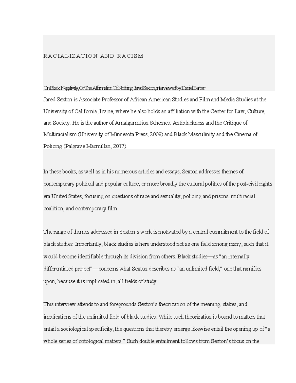 RACIALIZATION AND RACISM: Insights from Barber & Sexton on Black ...