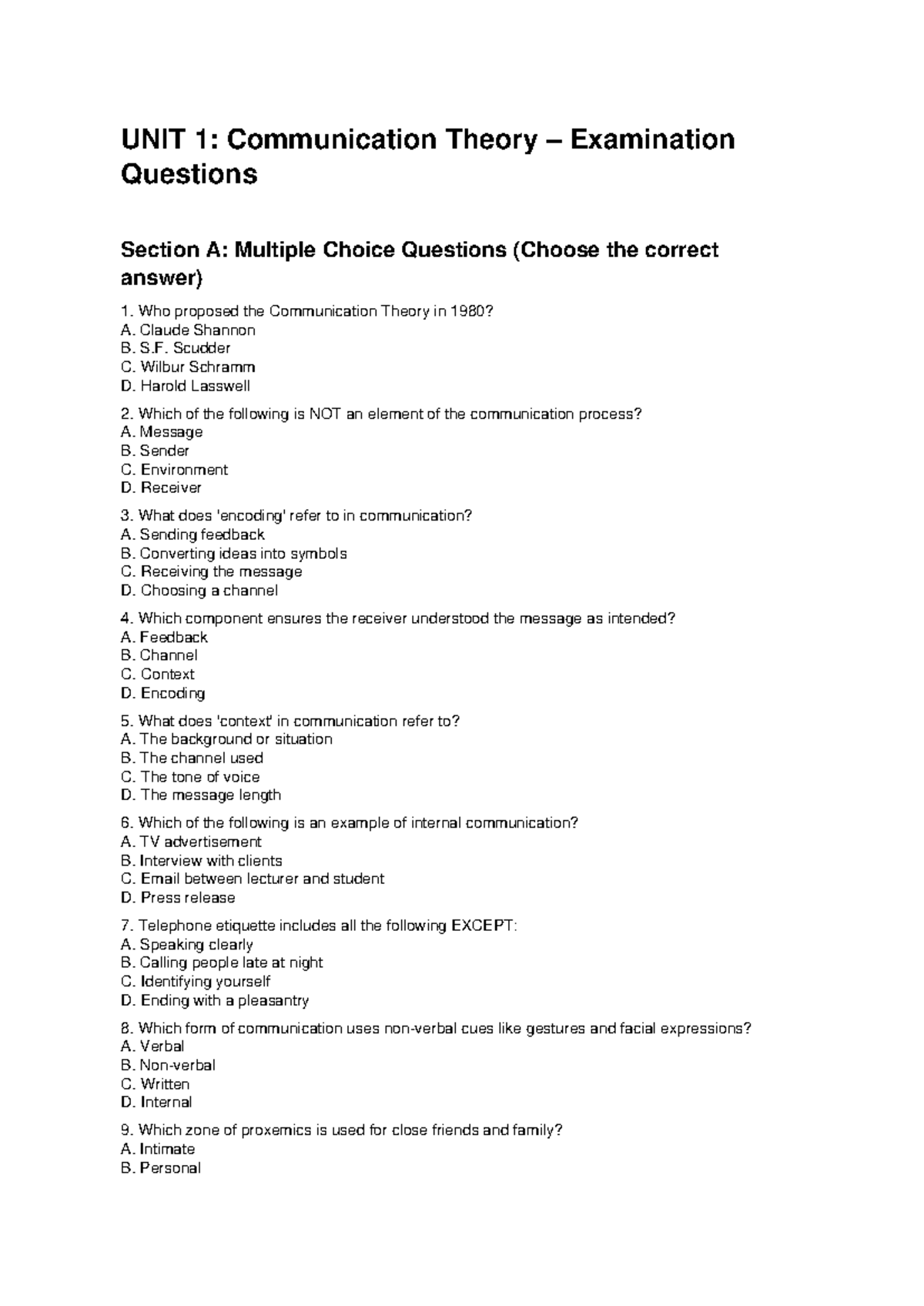 UNIT 1: Communication Theory Exam Questions & MCQs - Studocu