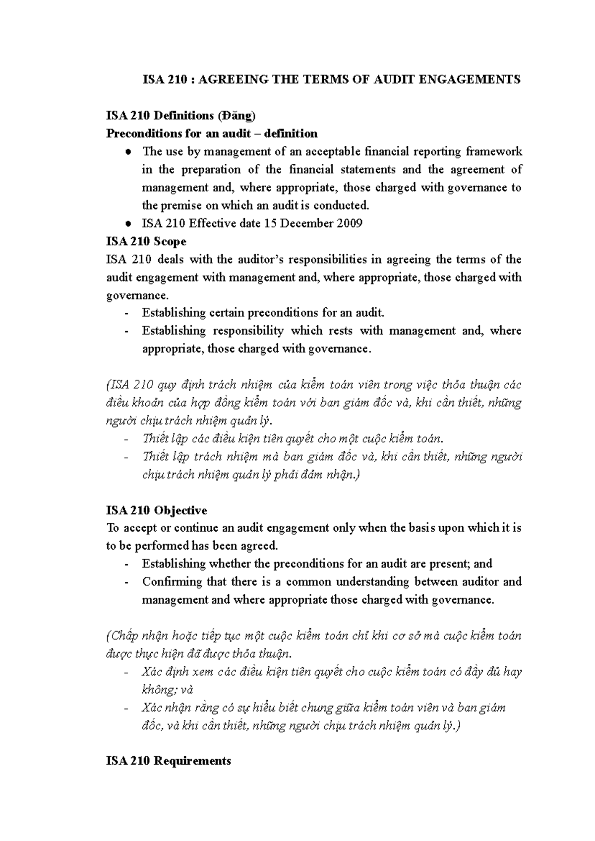 [F8] ISA 210 - Terms of Audit Engagement Agreements - Studocu